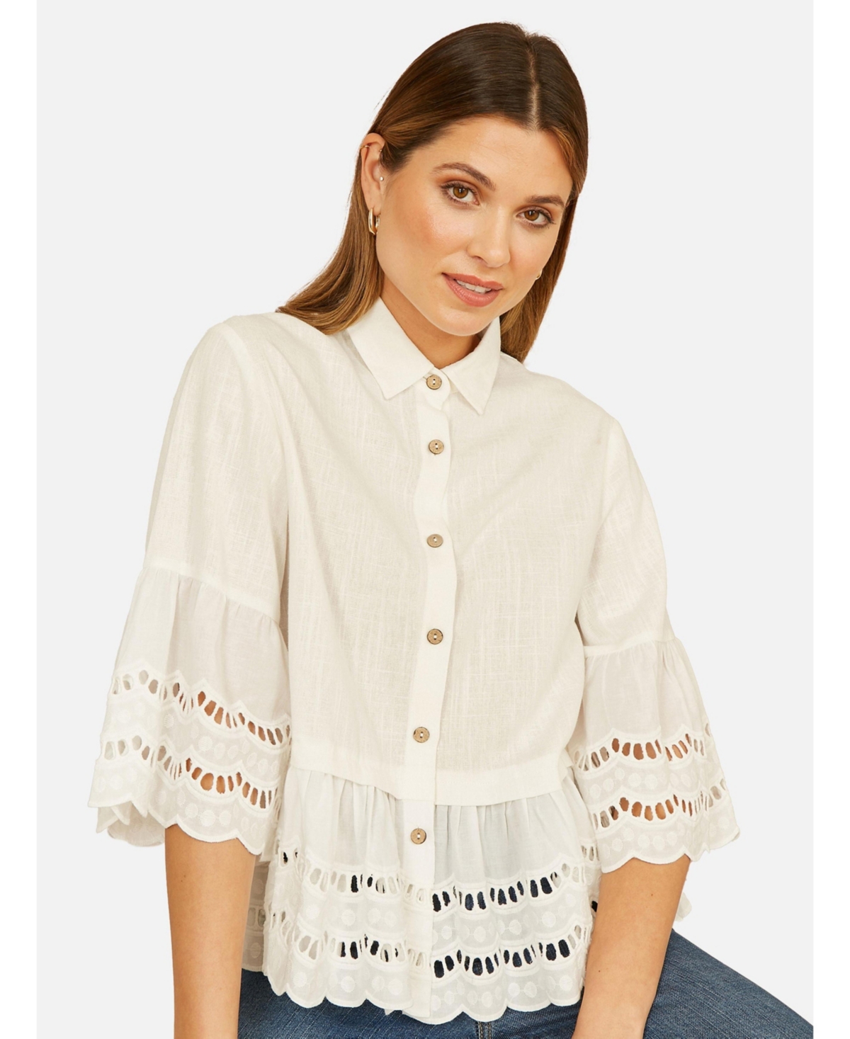 Click here for Yumi Womens 34 Sleeve Relaxed Scallop Trim Shirt -... prices