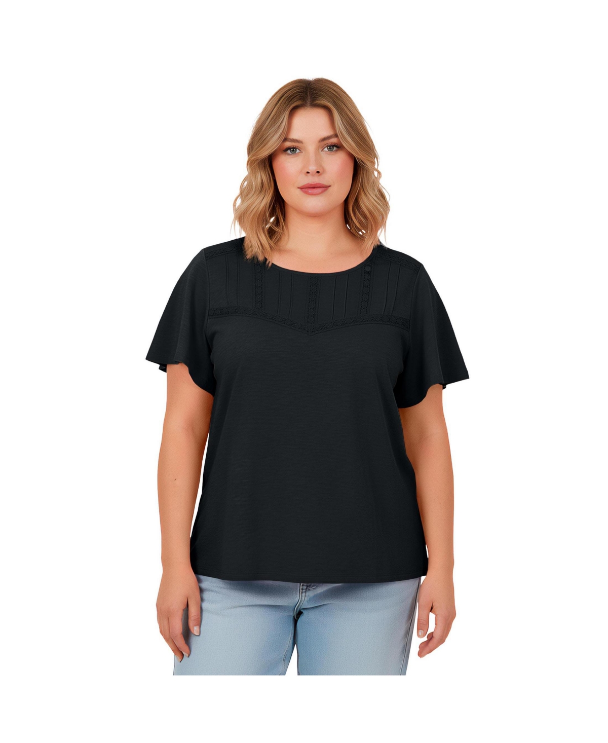 Click here for Avenue Womens Knit Lace Yoke Tee - Black prices