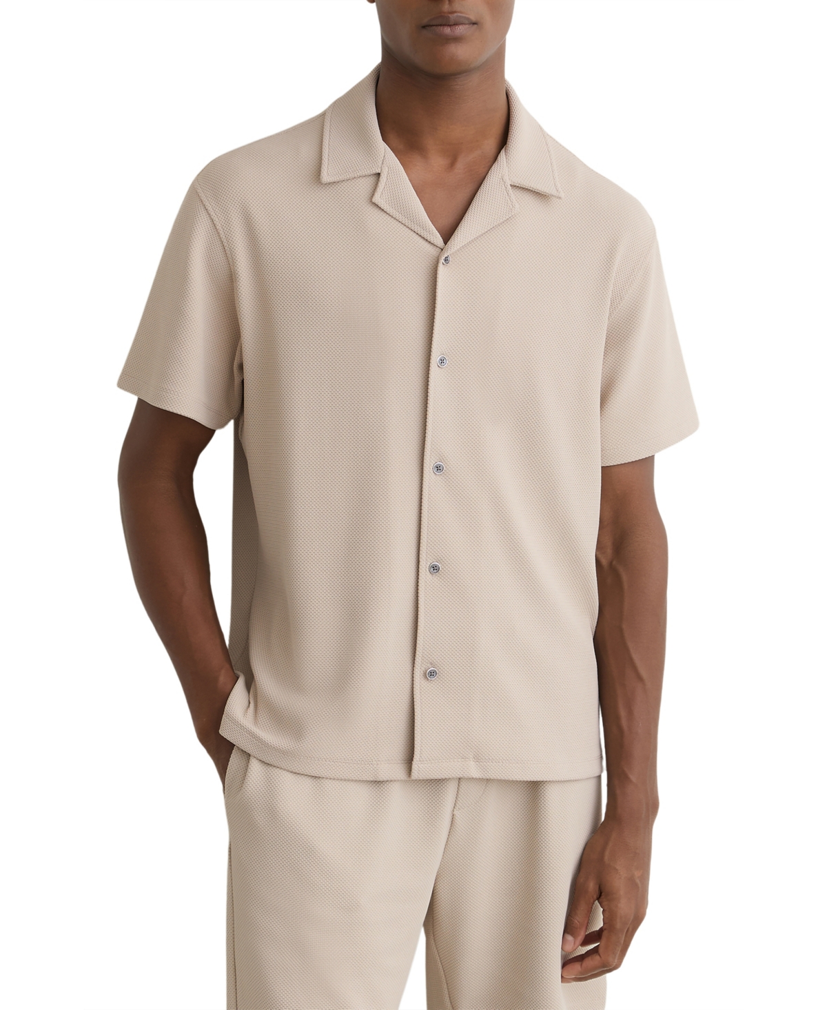 Click here for Reiss Mens Textured Cuban-Collar Shirt - Stone prices