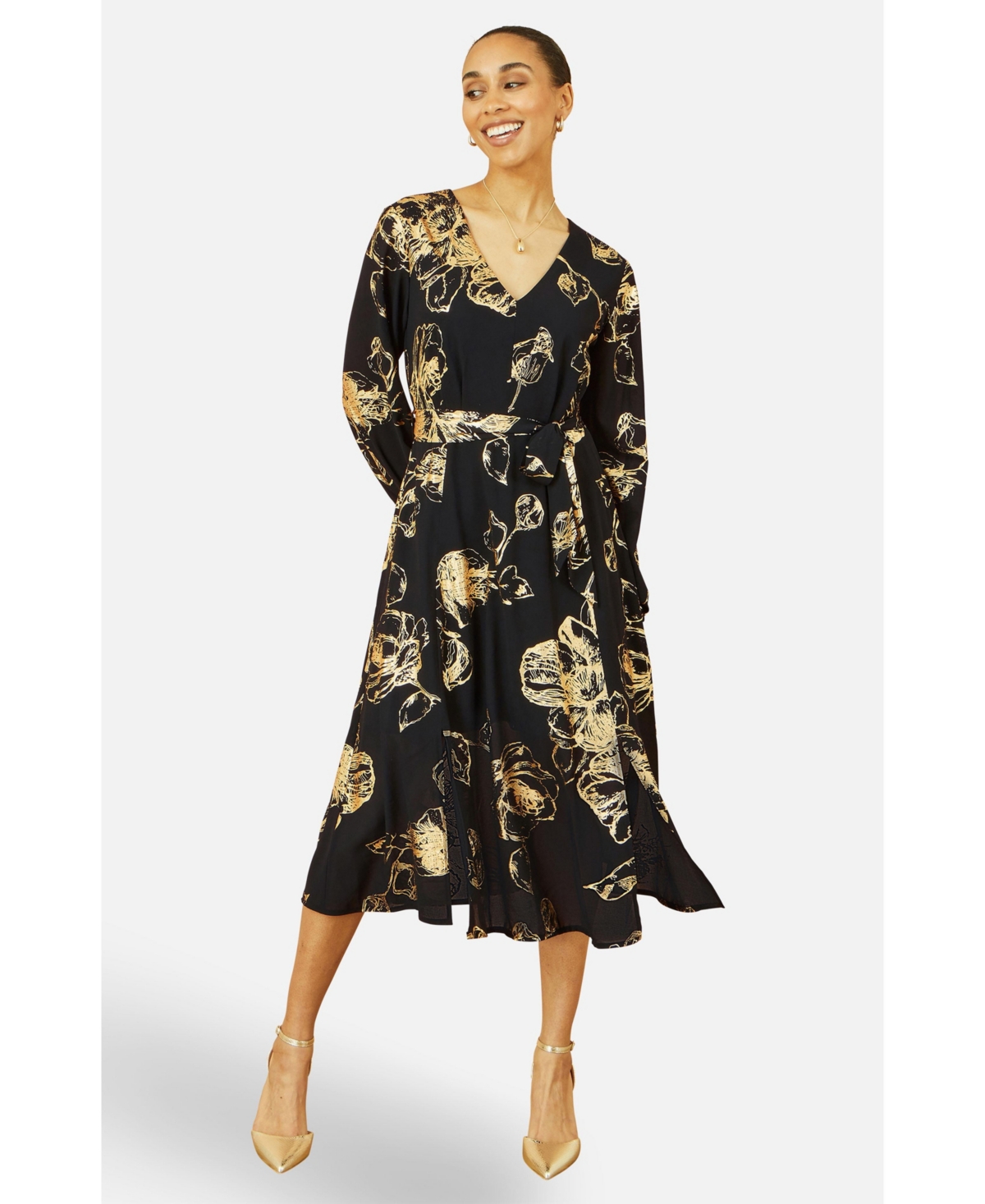 Click here for Yumi Womens Foil Rose Print Midi Dress - Black prices