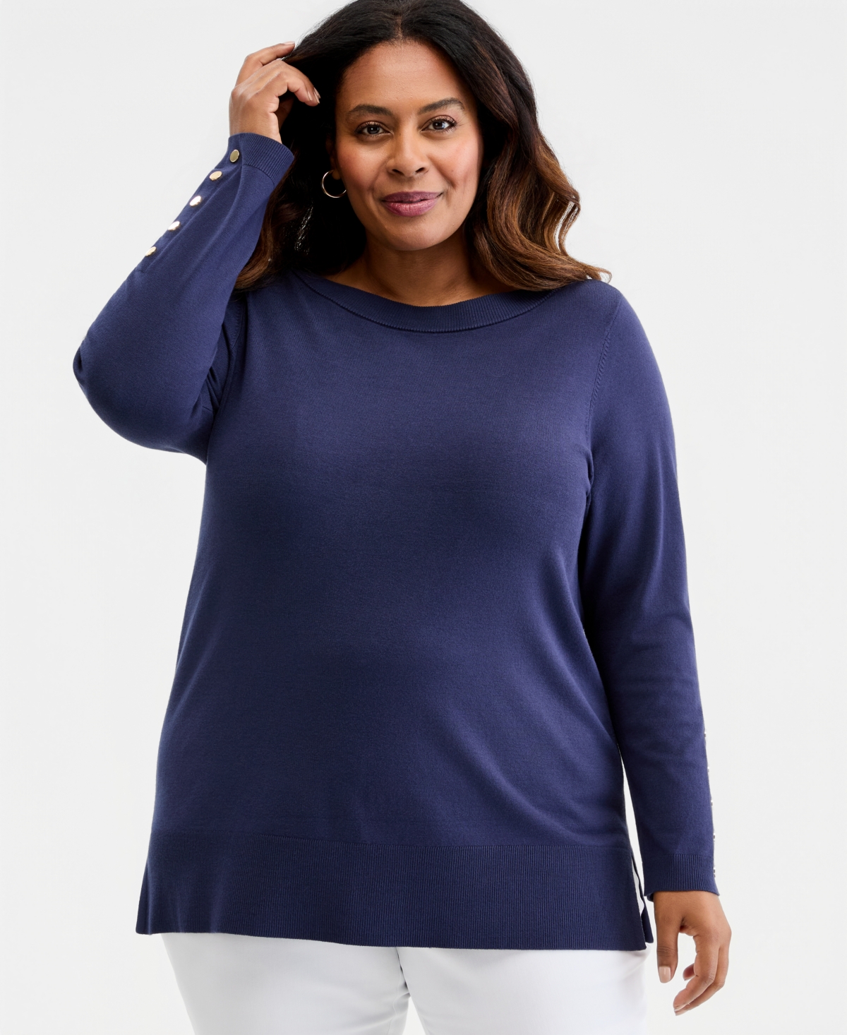 Click here for Jm Collection Plus Size Boat-Neck Button-Sleeve Sw... prices