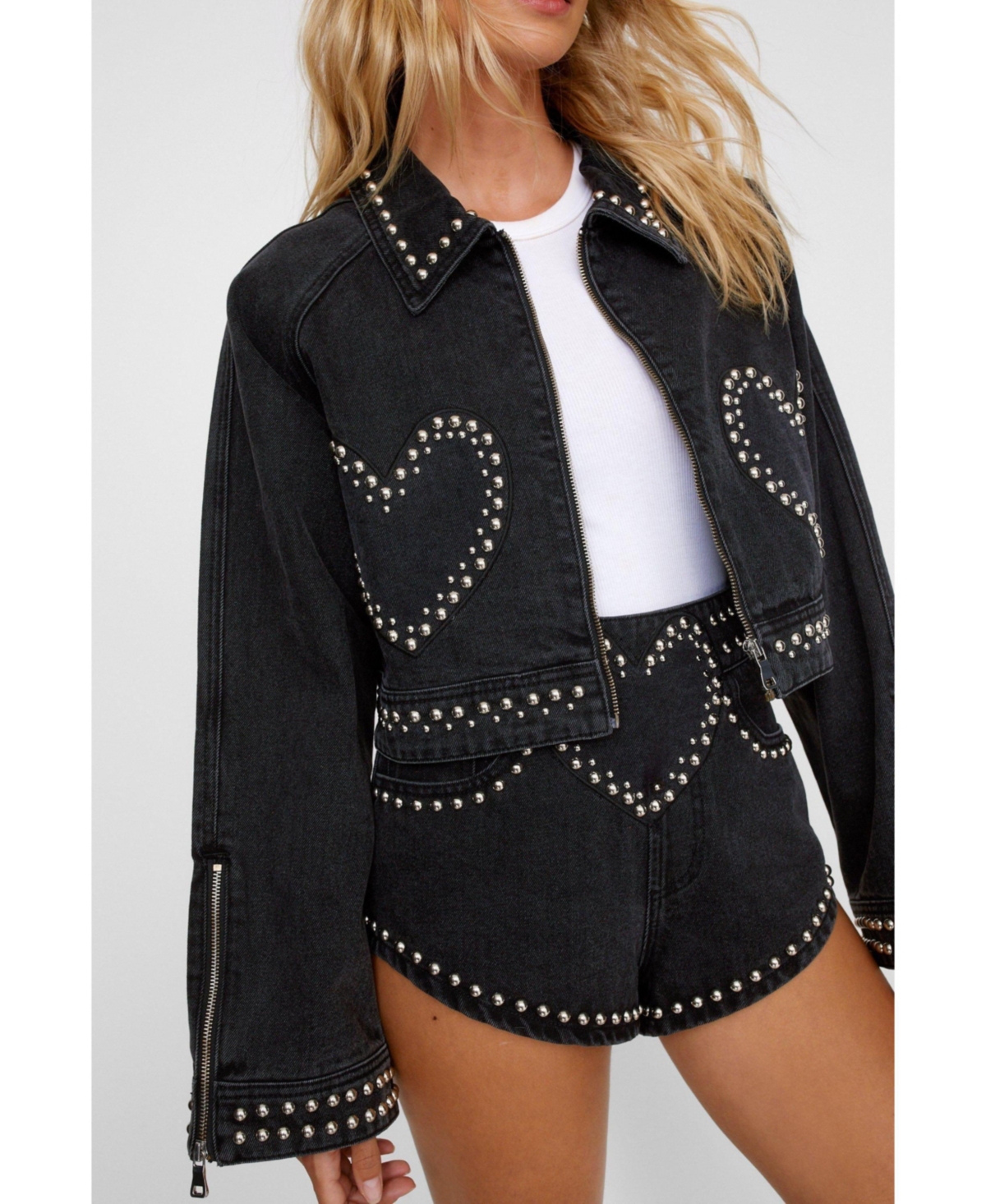 Click here for Nasty Gal Womens Heart Studded Cropped Denim Jacke... prices