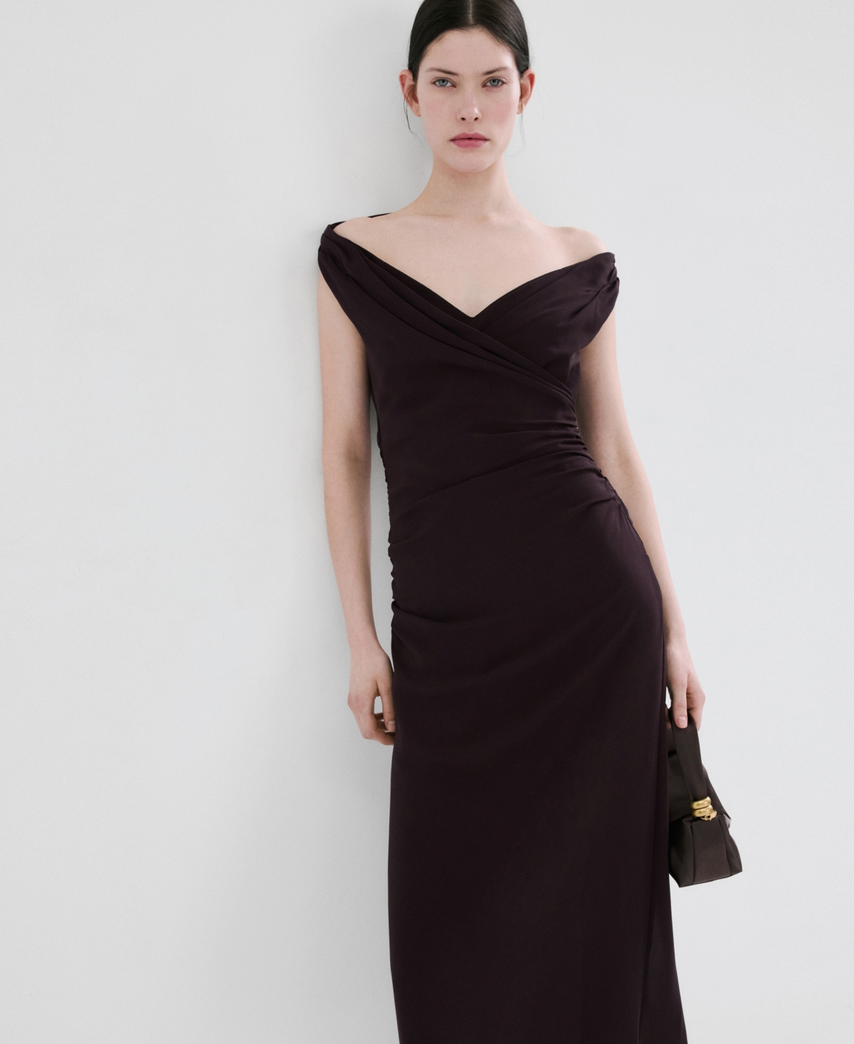 Click here for Mango Womens Crossover Neckline Ruched Dress - Bro... prices