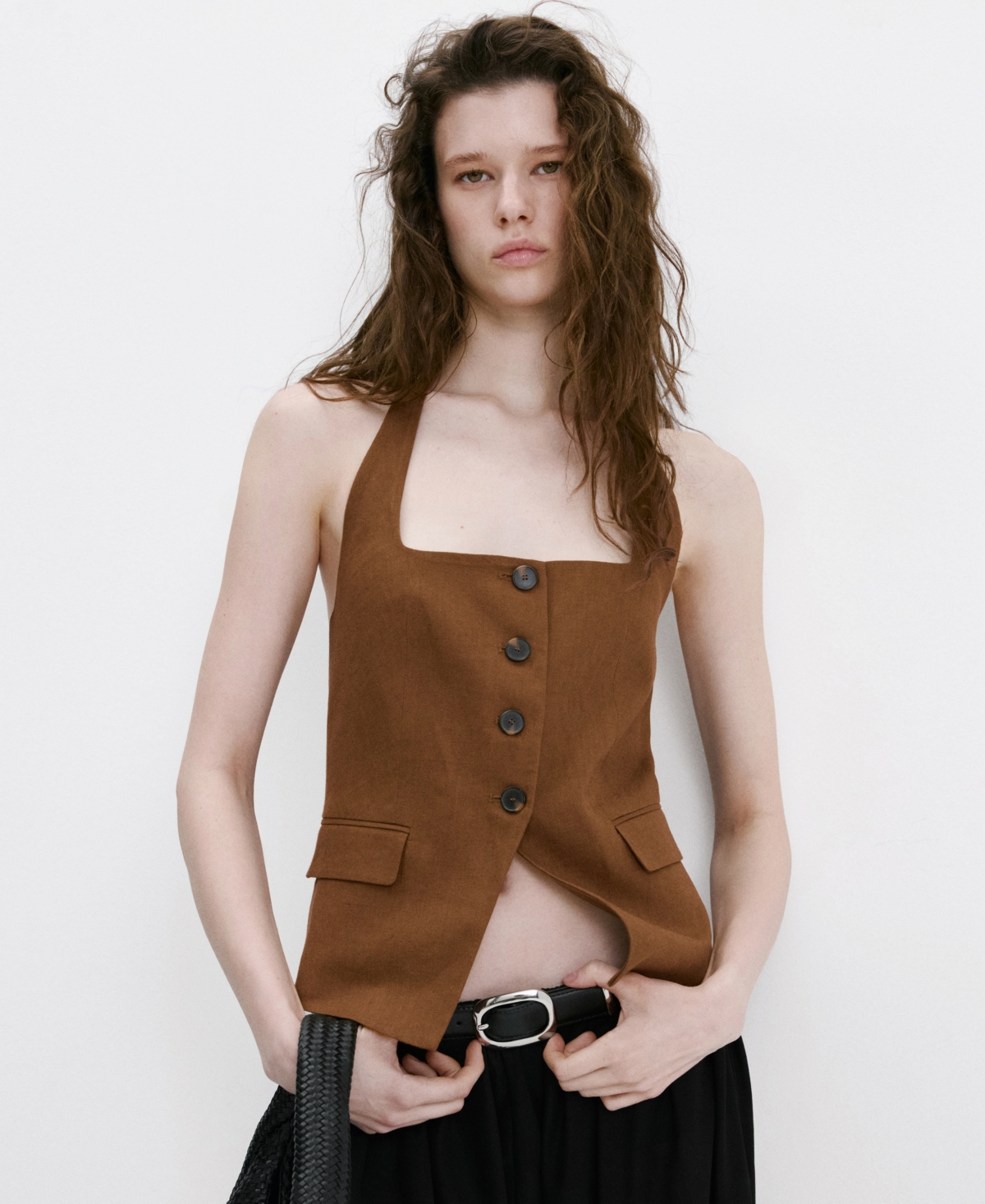 Click here for Mango Womens Linen Suit Vest - Brown prices