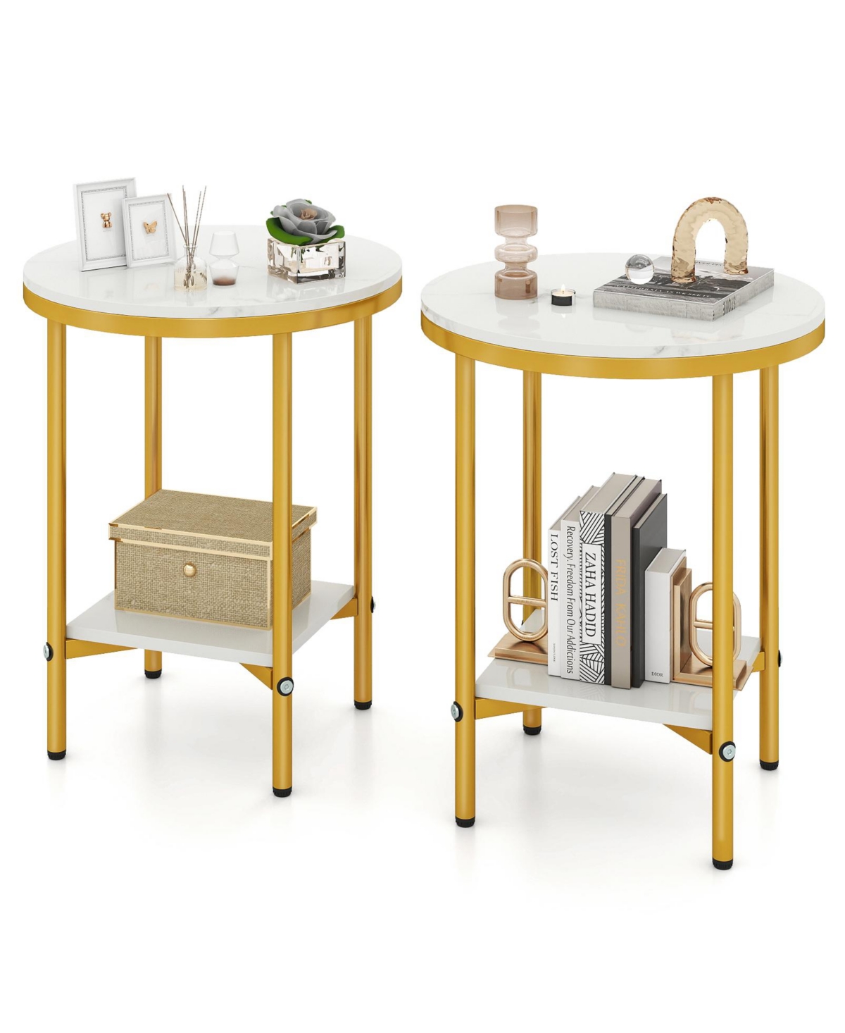 Click here for Gymax 2-Tier Round Side Table Set of 2 16 Faux Mar... prices