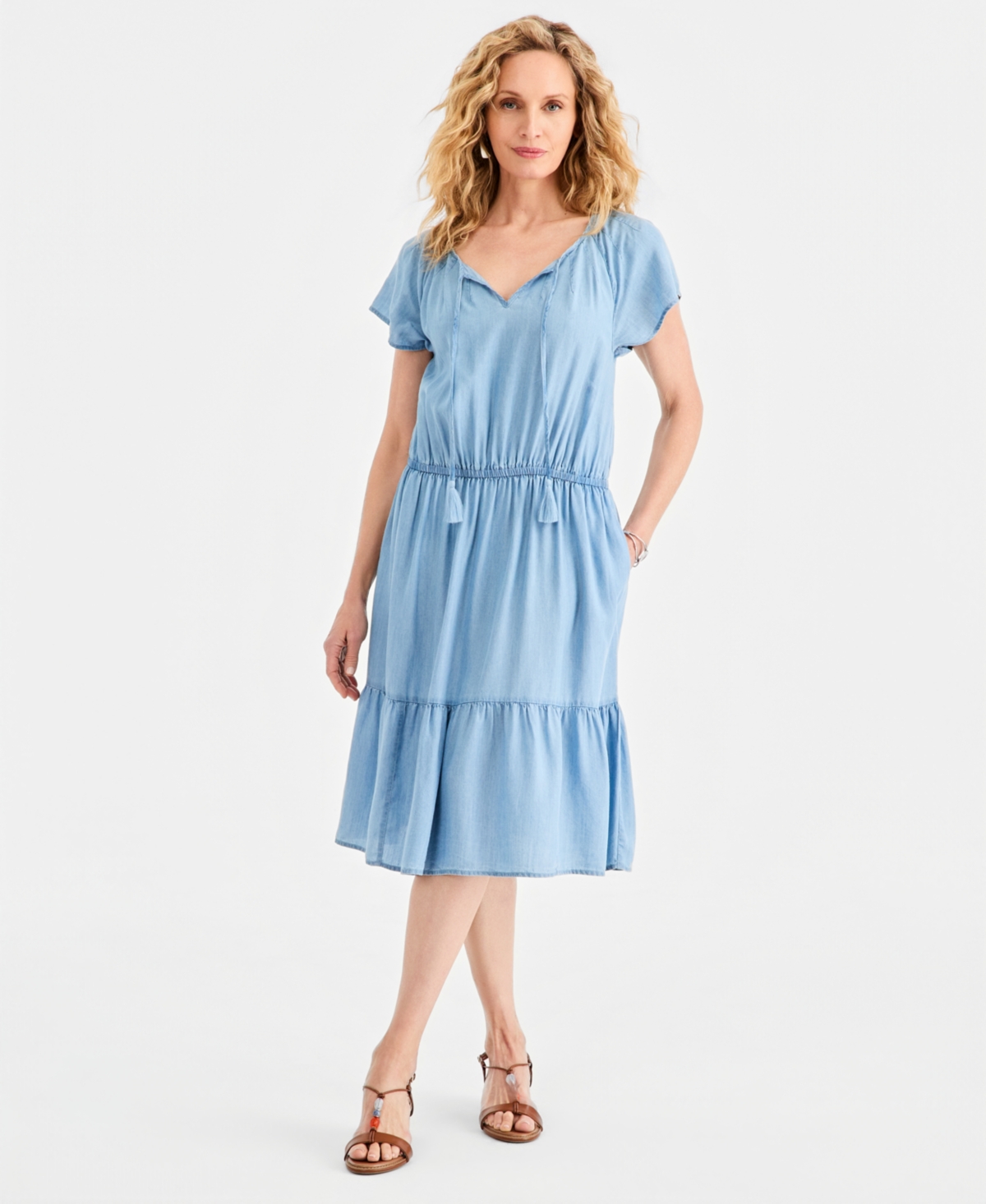 Click here for Style & Co Womens Tiered Chambray Dress  Macys Exc... prices
