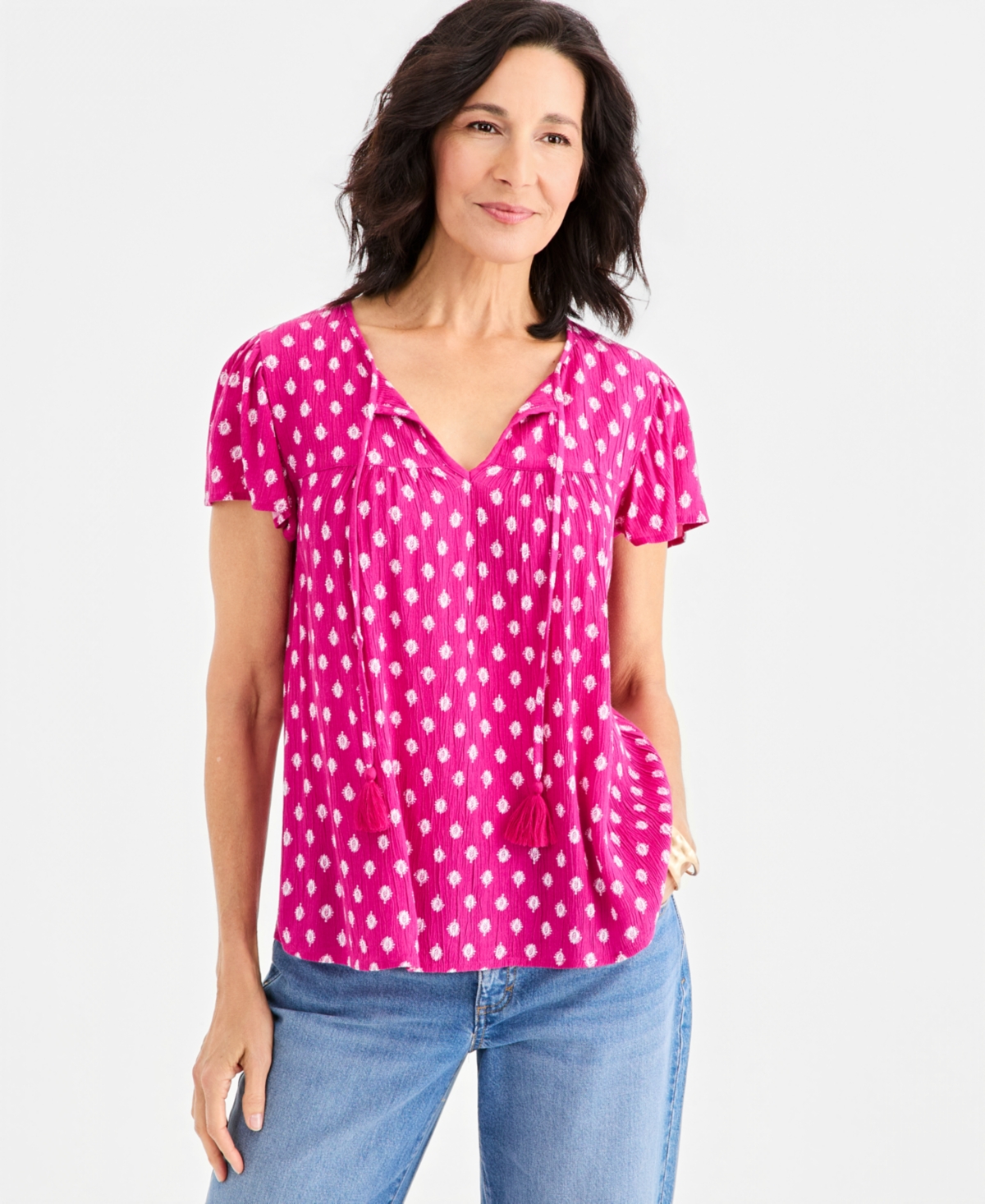 Click here for Style & Co Womens Printed Split-Neck Flutter-Sleev... prices