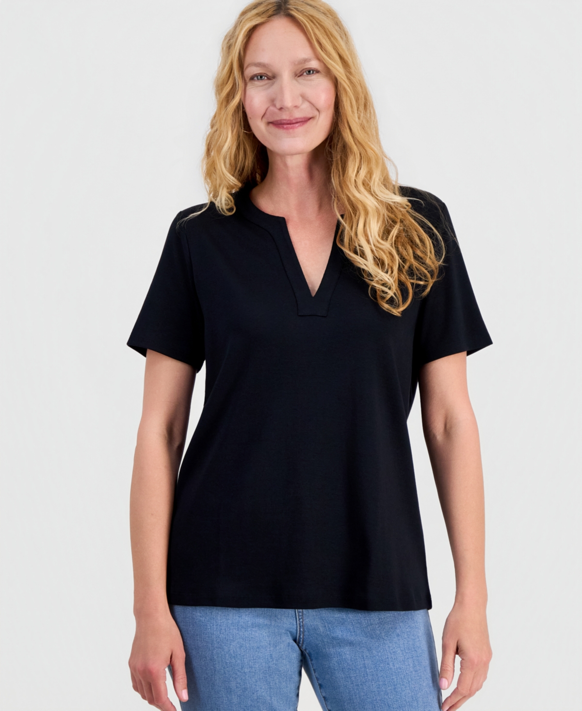 Click here for Style & Co Womens Cotton Short-Sleeve Split-Neck T... prices