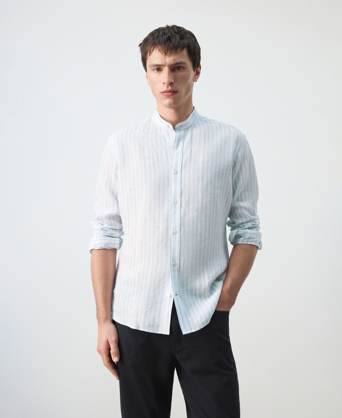 Click here for Mango Mens Mandarin Collar Striped Shirt - Sky Blu... prices