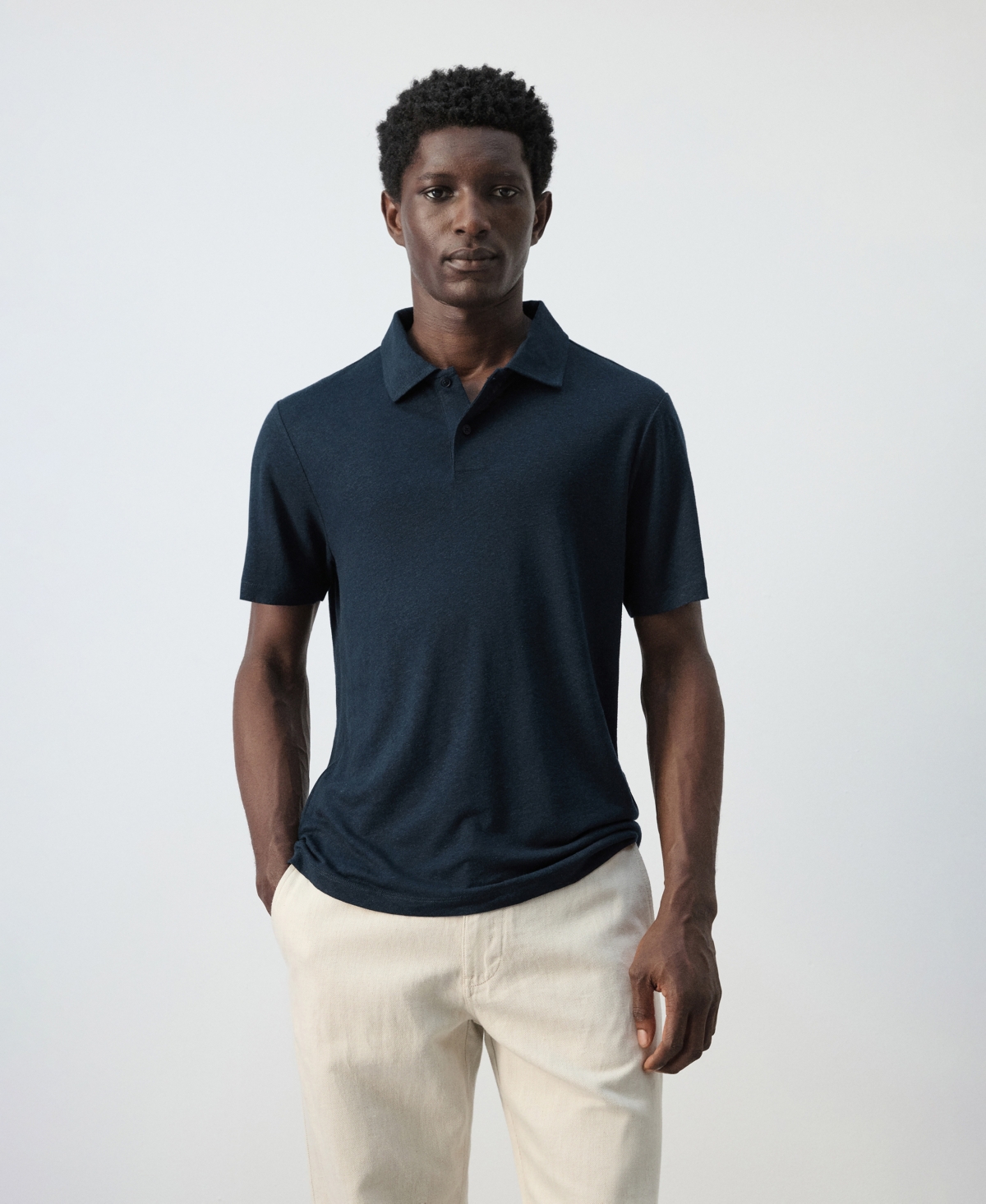 Click here for Mango Mens Slim Fit Linen Blend Polo Shirt - Navy prices