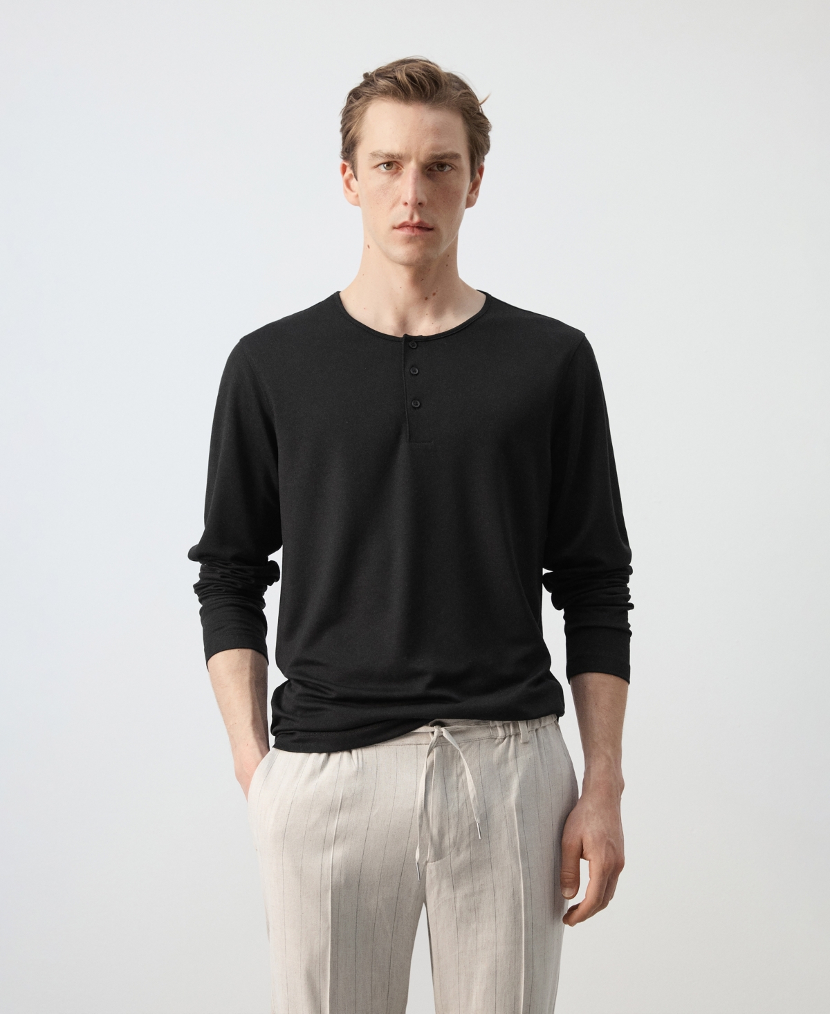 Click here for Mango Mens Henley T-Shirt - Black prices