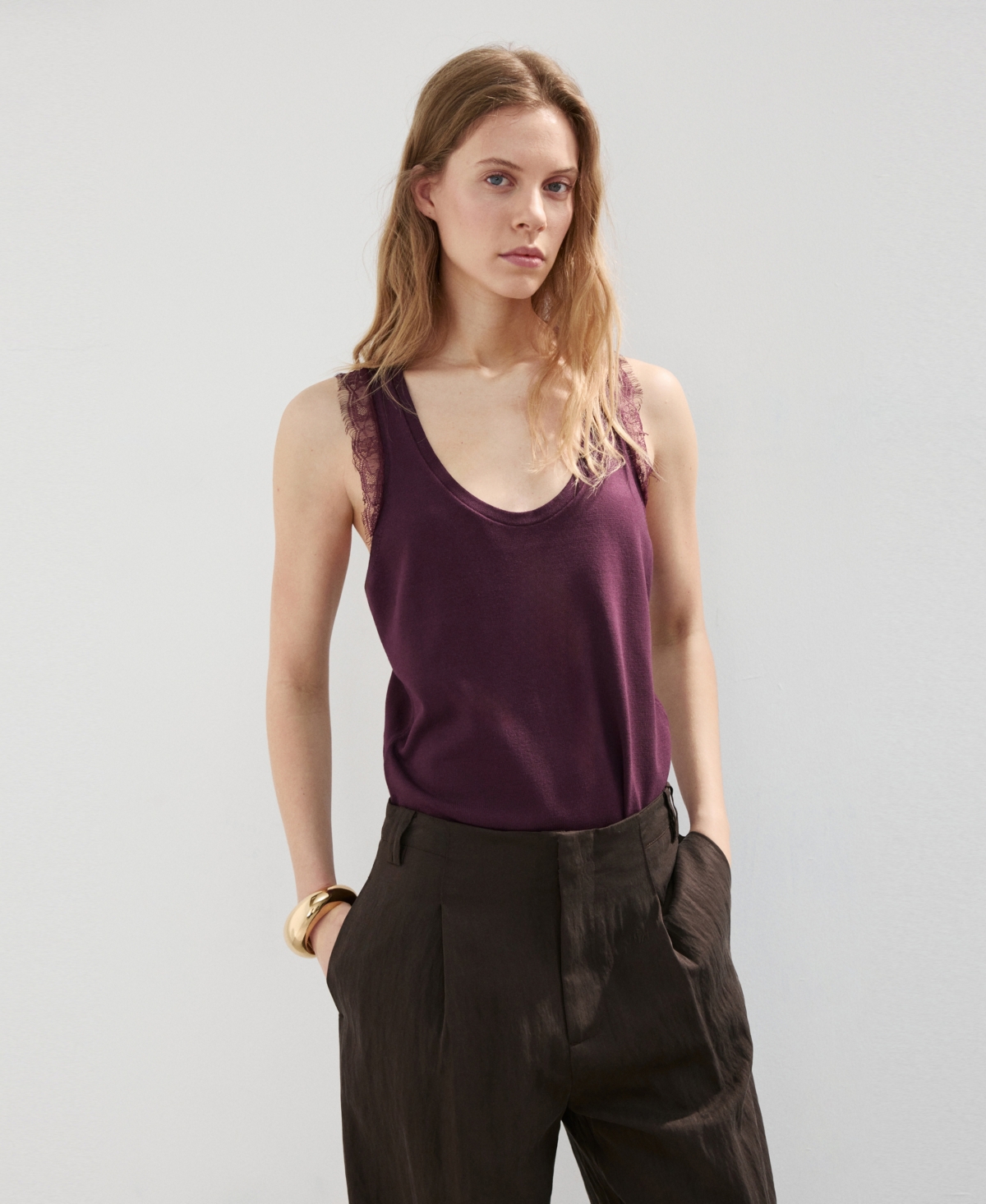 Click here for Mango Womens Lace Back Knit Top - Purple prices