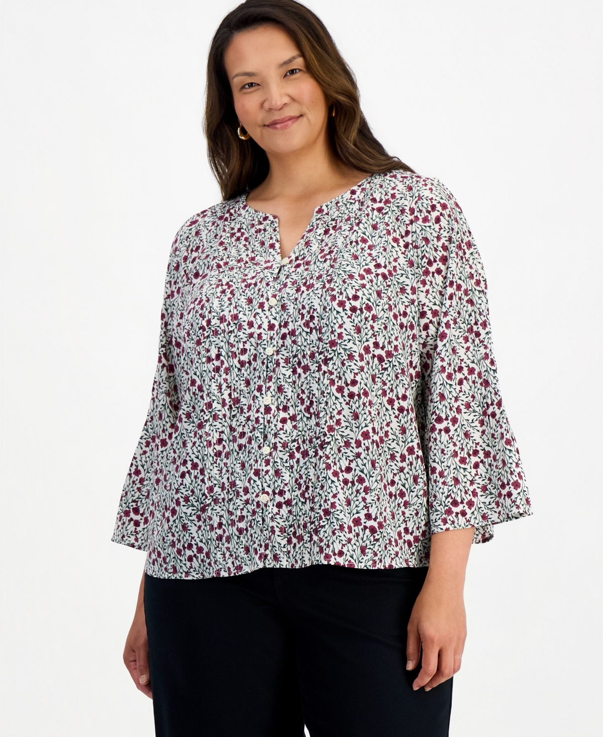 Click here for Style & Co Plus Size Floral-Print Pintuck Bell-Sle... prices