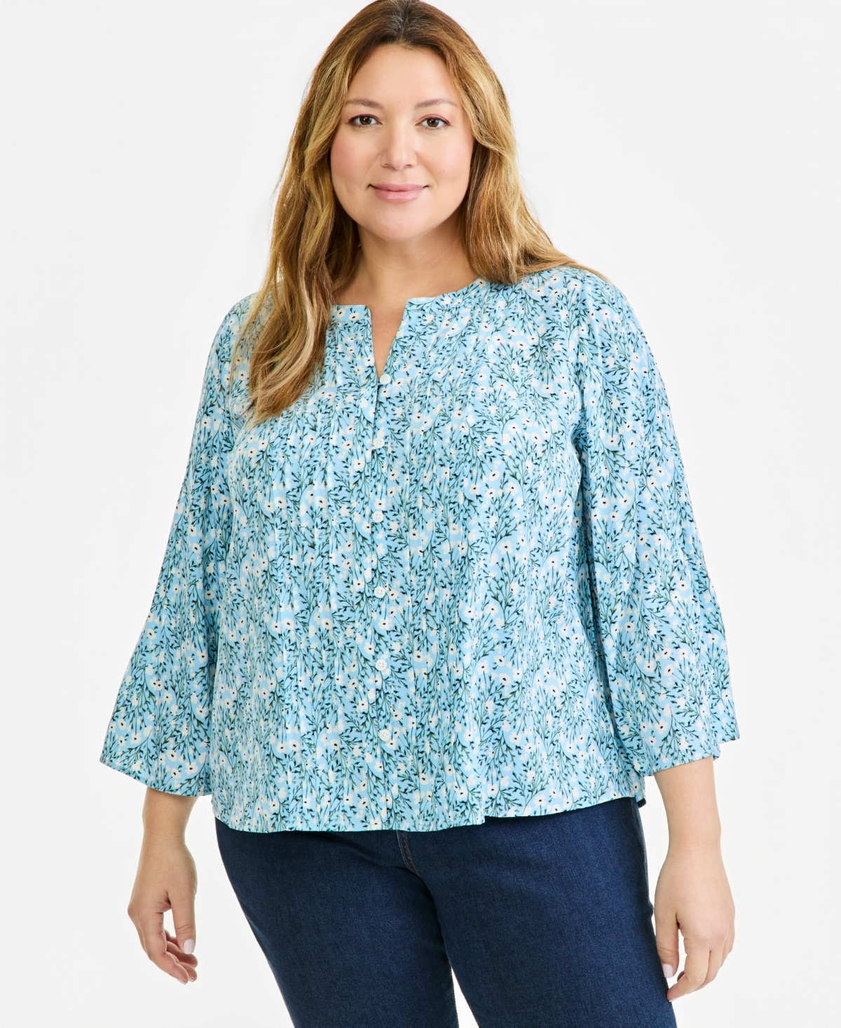 Click here for Style & Co Plus Size Floral-Print Pintuck Bell-Sle... prices