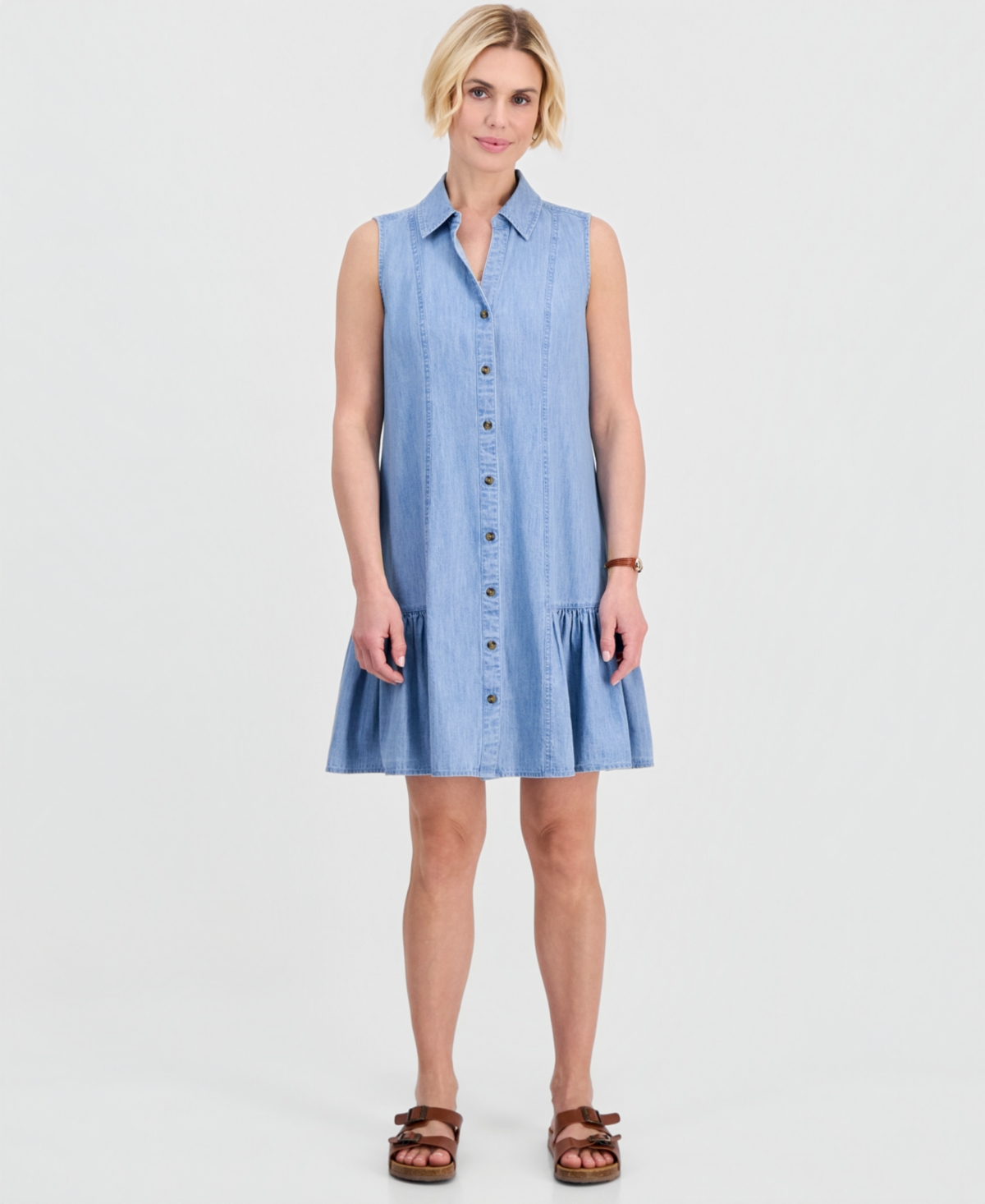 Click here for Style & Co Petite Cotton Chambray Sleeveless Shirt... prices