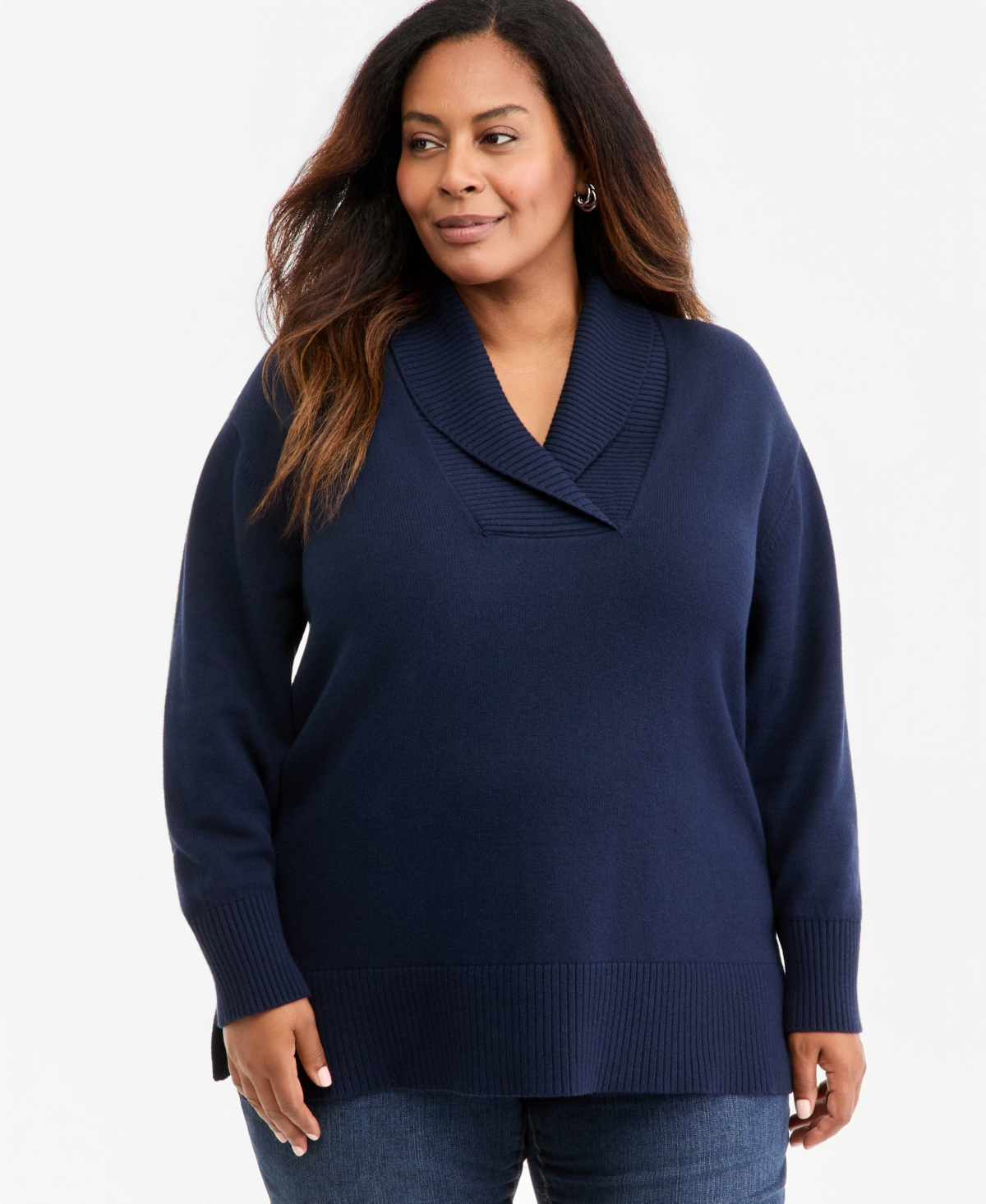 Click here for Style & Co Plus Size Shawl Collar Ribbed Hem Sweat... prices
