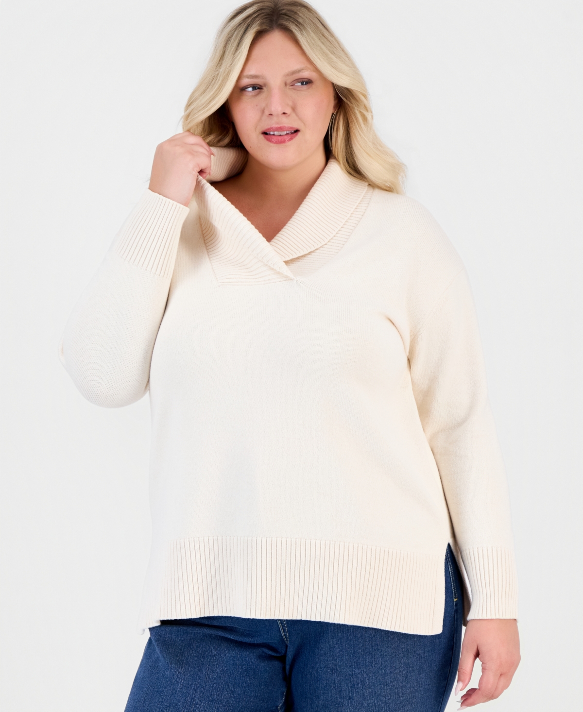 Click here for Style & Co Plus Size Shawl Collar Ribbed Hem Sweat... prices
