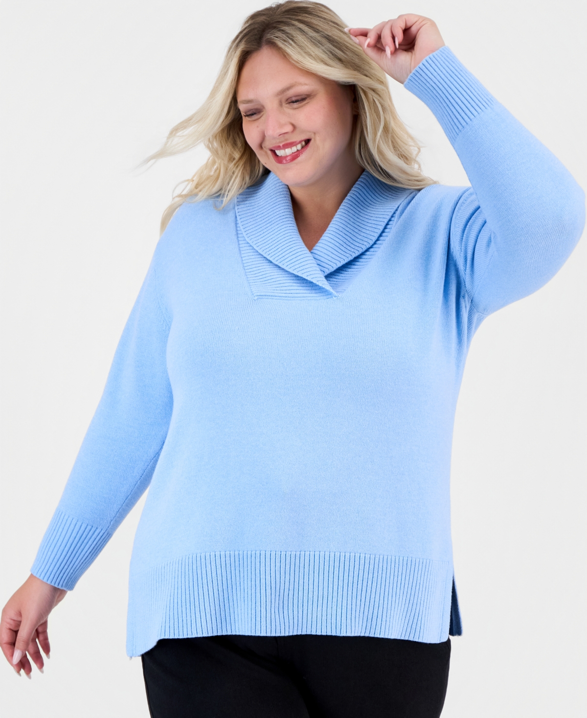 Click here for Style & Co Plus Size Shawl Collar Ribbed Hem Sweat... prices