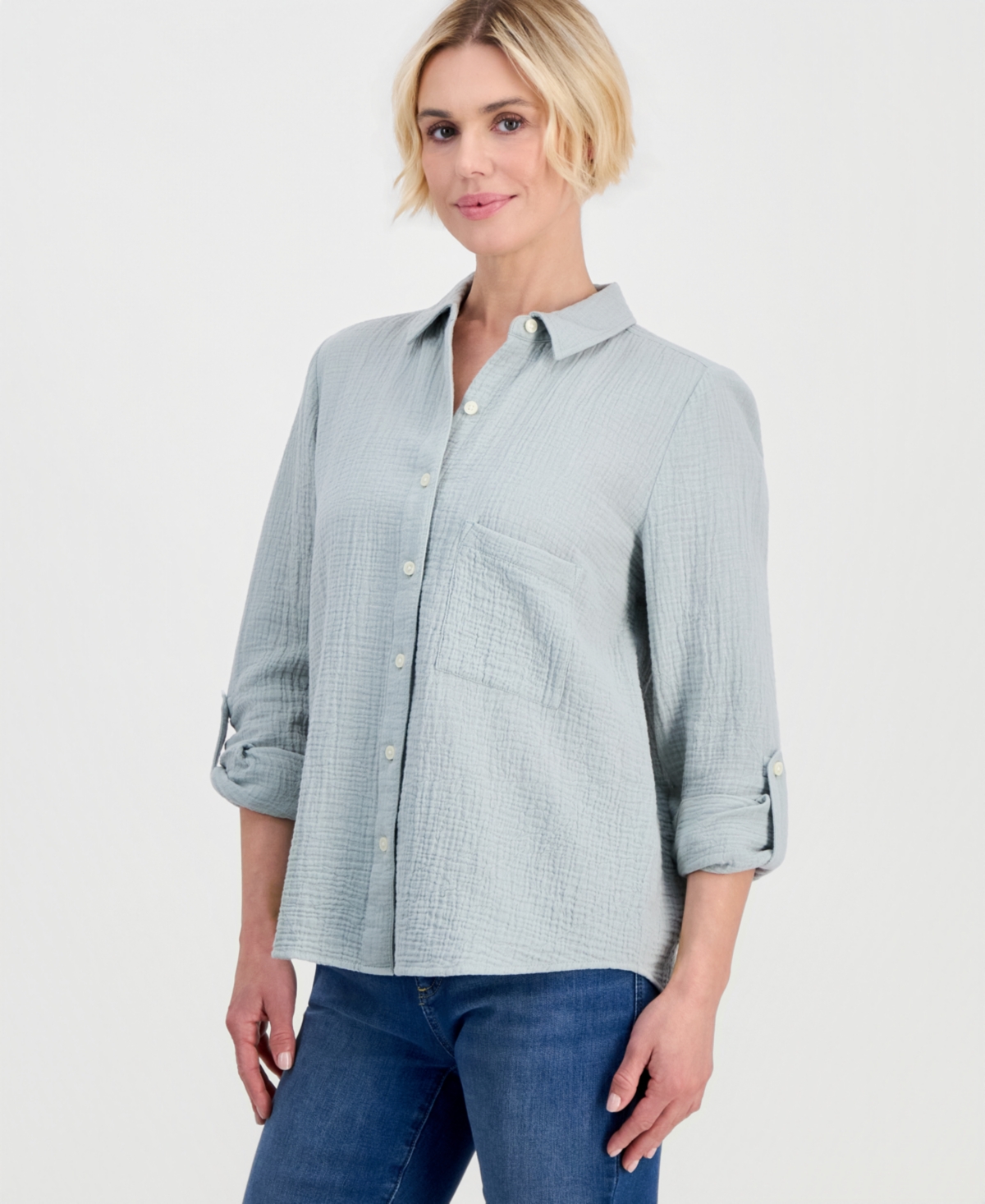 Click here for Style & Co Petite Perfect Button-Front Roll-Tab Co... prices