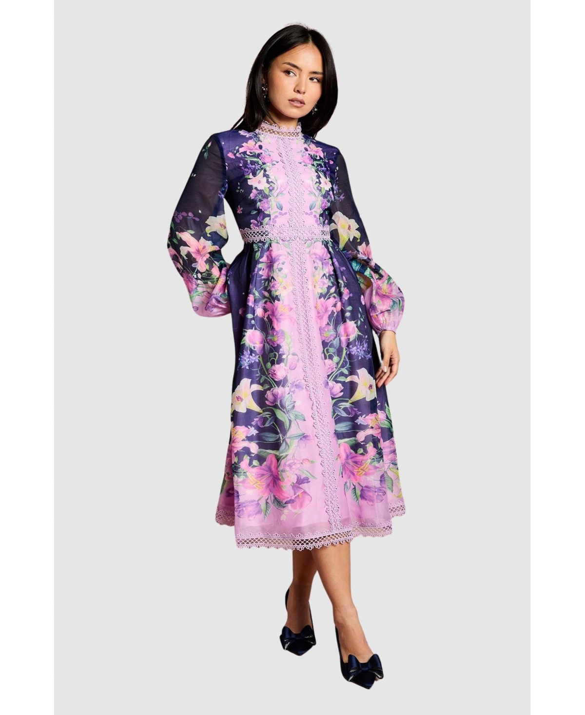 Click here for Coast Womens Organza Lace Trim Midi Dress - Navy prices