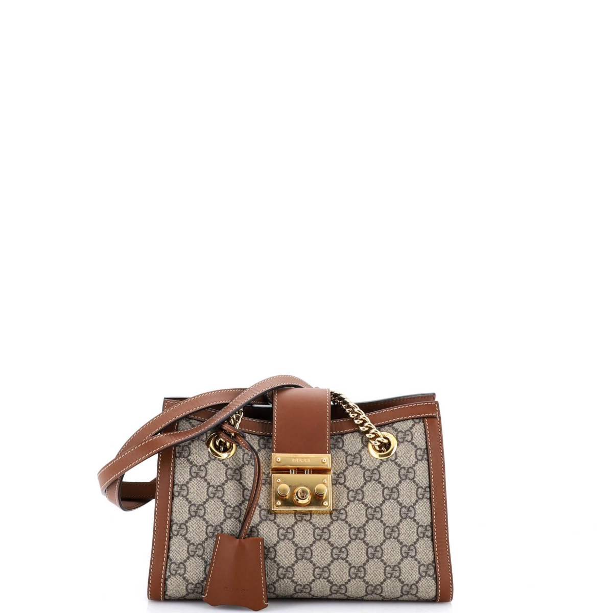 Click here for Pre-Owned Gucci Small Padlock Chain Tote Gg Coated... prices
