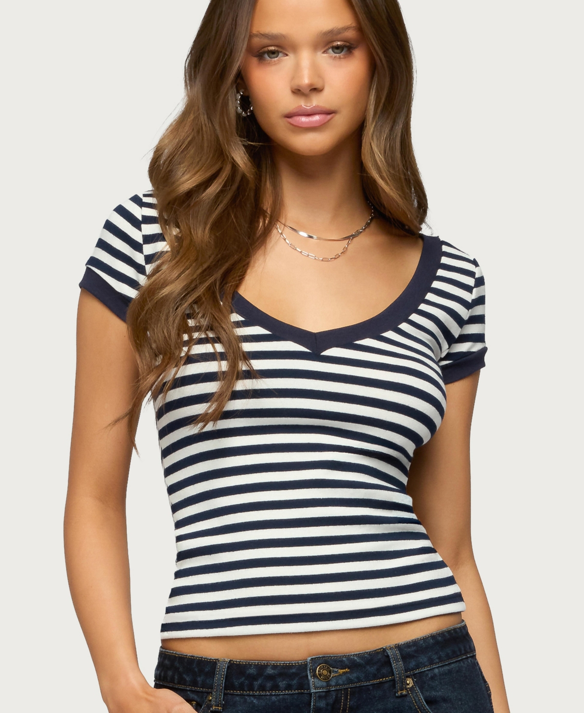 Click here for Edikted Womens Antonela Striped V Neck T Shirt - N... prices