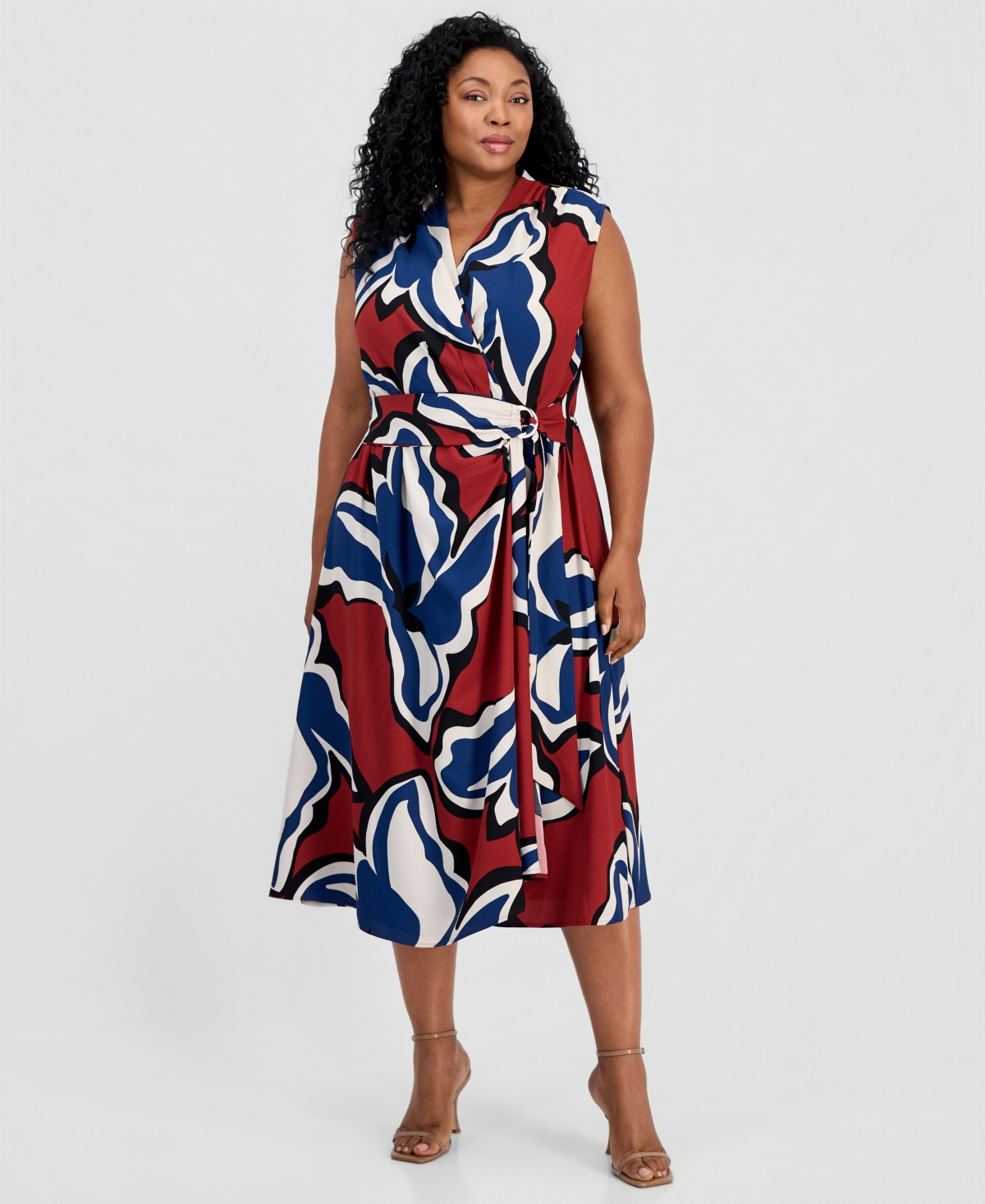 Click here for Anne Klein Plus Size Sleeveless Faux-Wrap Midi Dre... prices