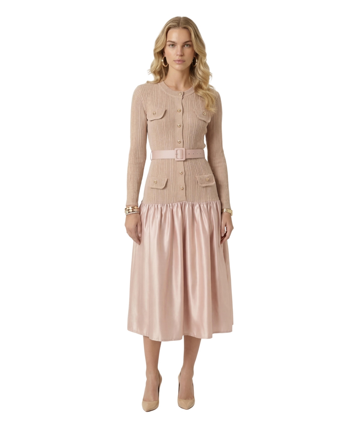 Click here for Modenaire Womens Ribbed Knit Satin Belted Midi Dre... prices