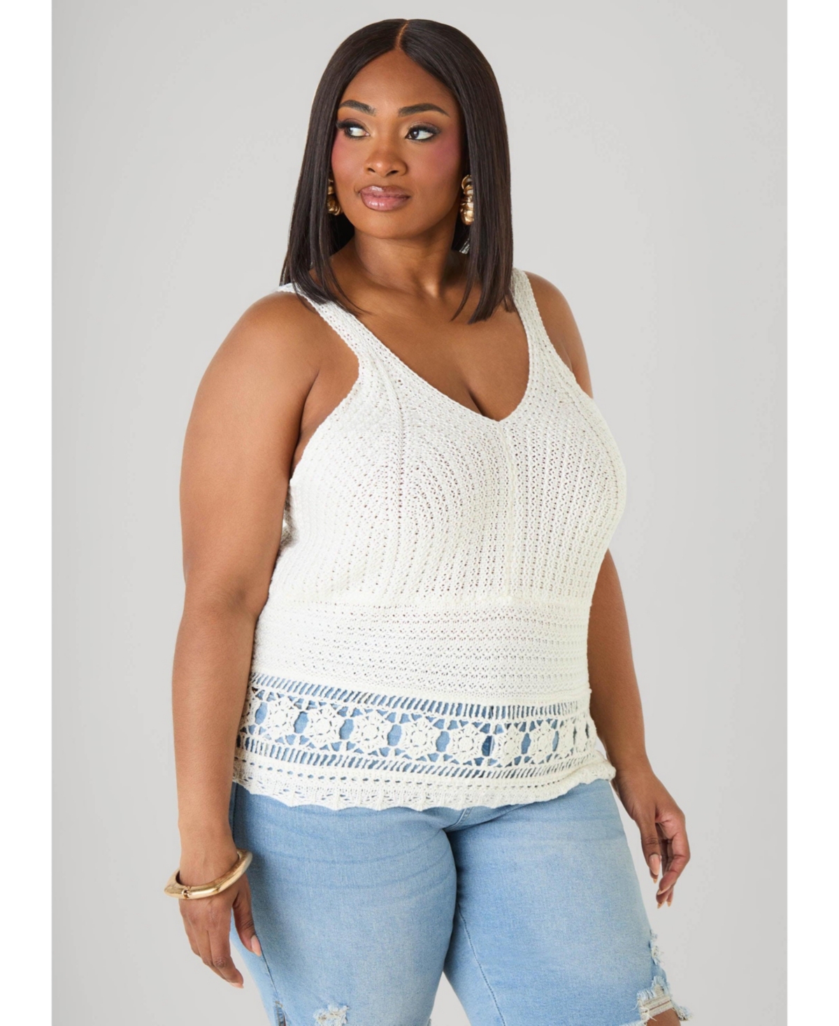 Click here for Ashley Stewart Womens Crochet V Neck Top - White prices
