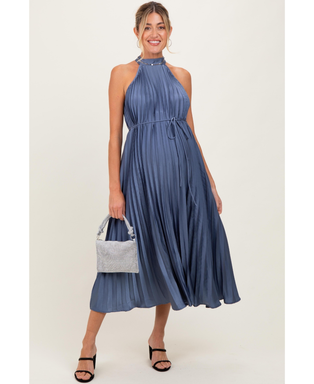 Click here for Pinkblush Maternity Navy Blue Pleated Halter Dress... prices