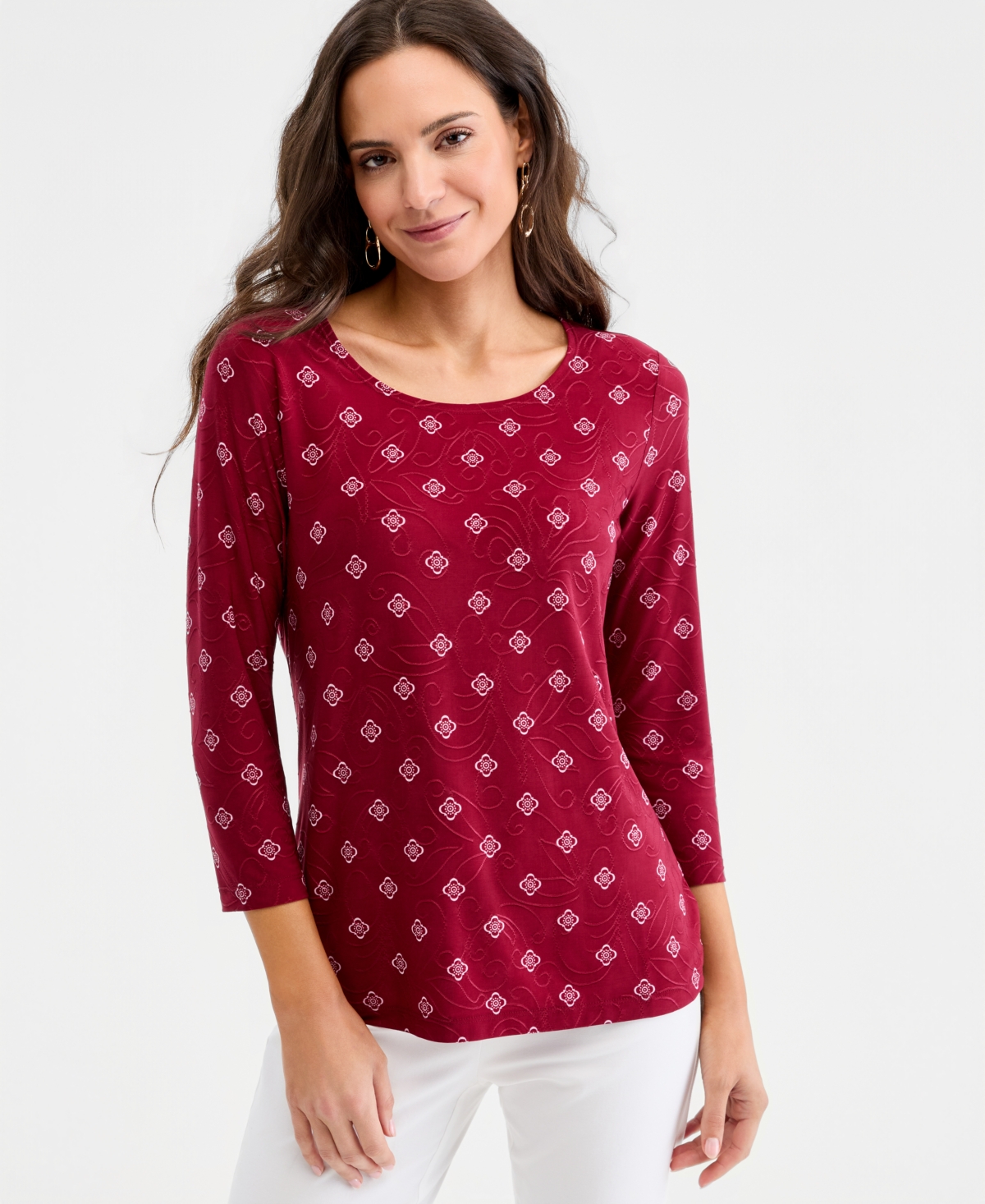Click here for Jm Collection Womens Printed 3/4 Sleeve Scoop-Neck... prices