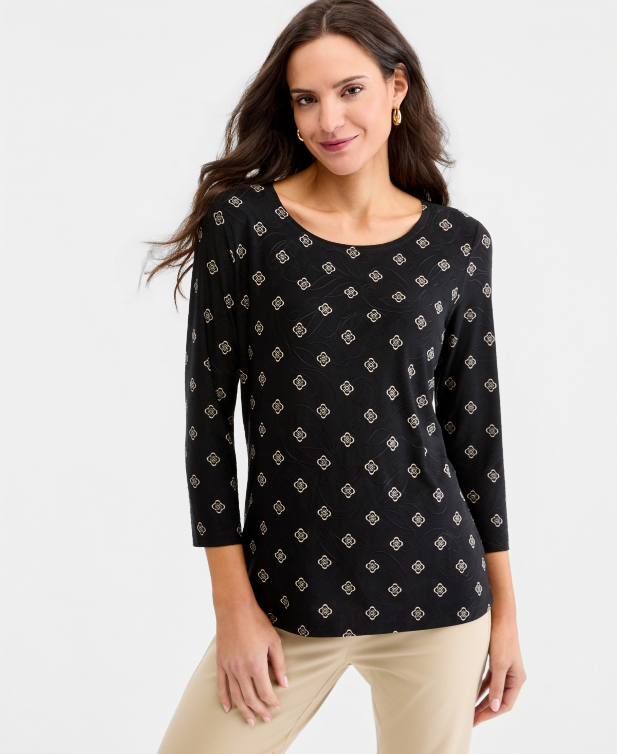 Click here for Jm Collection Womens Printed 3/4 Sleeve Scoop-Neck... prices