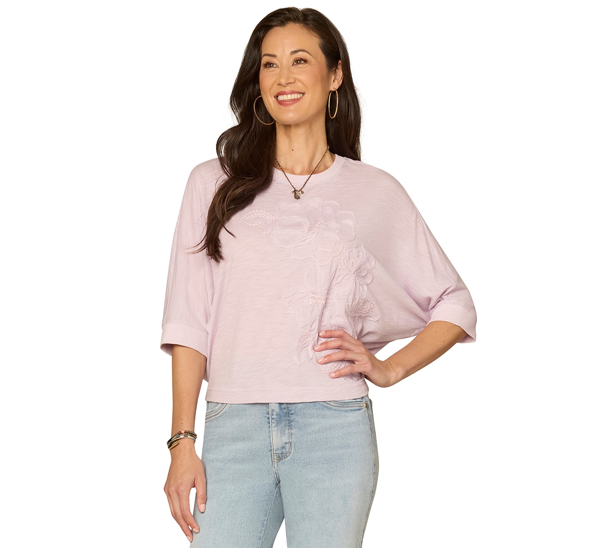Click here for Democracy Womens Embroidered Crew Neck Top - Laven... prices