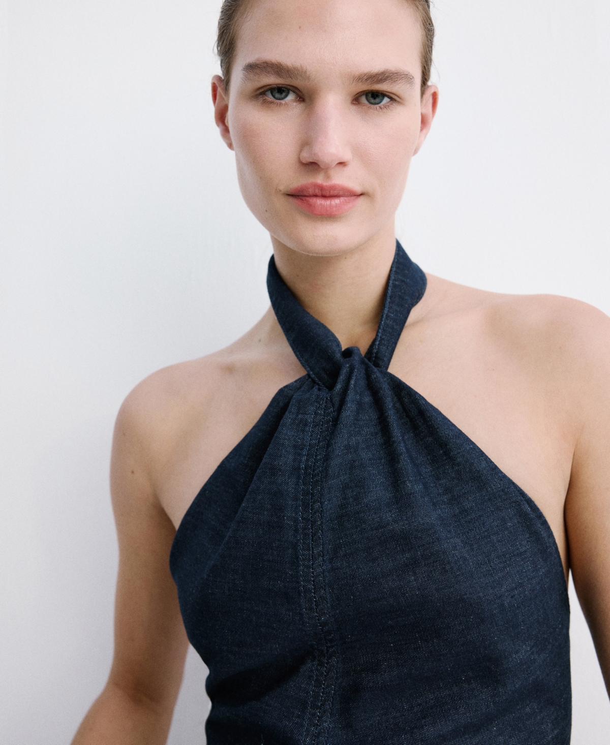 Click here for Mango Womens Halter-Neck Denim Top - Open Blue prices