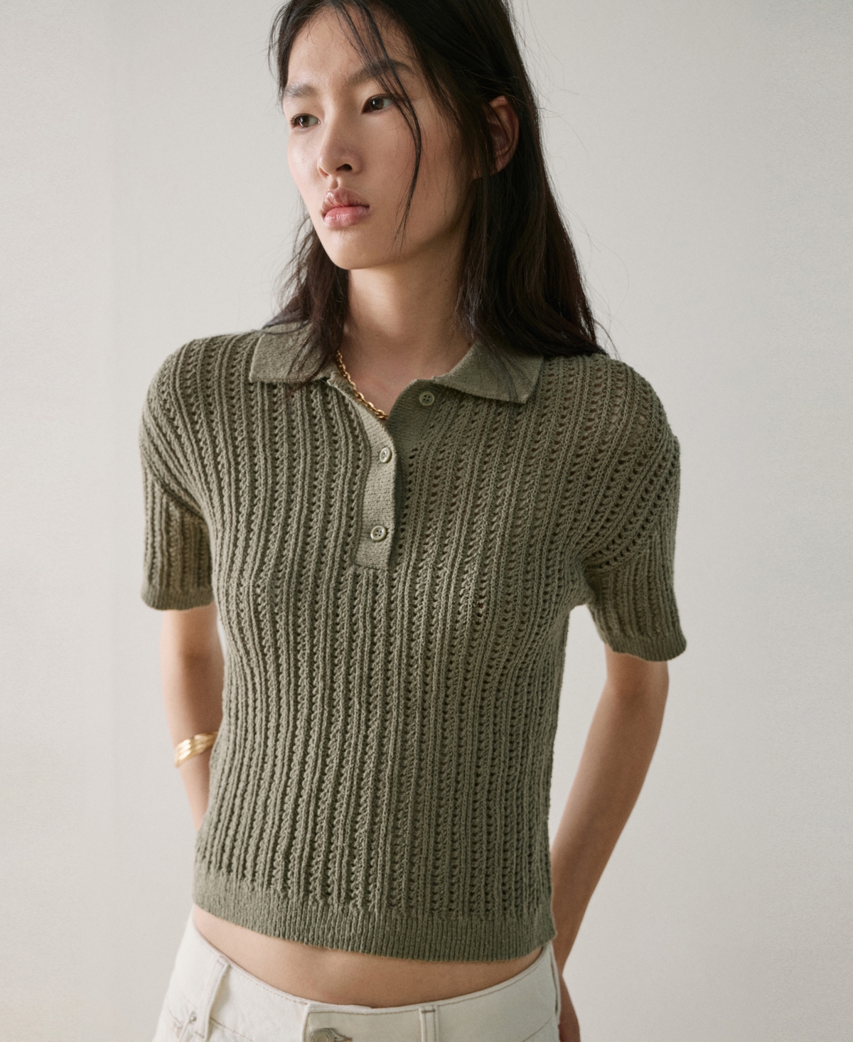 Click here for Mango Womens Openwork Knitted Polo-Neck Sweater -... prices