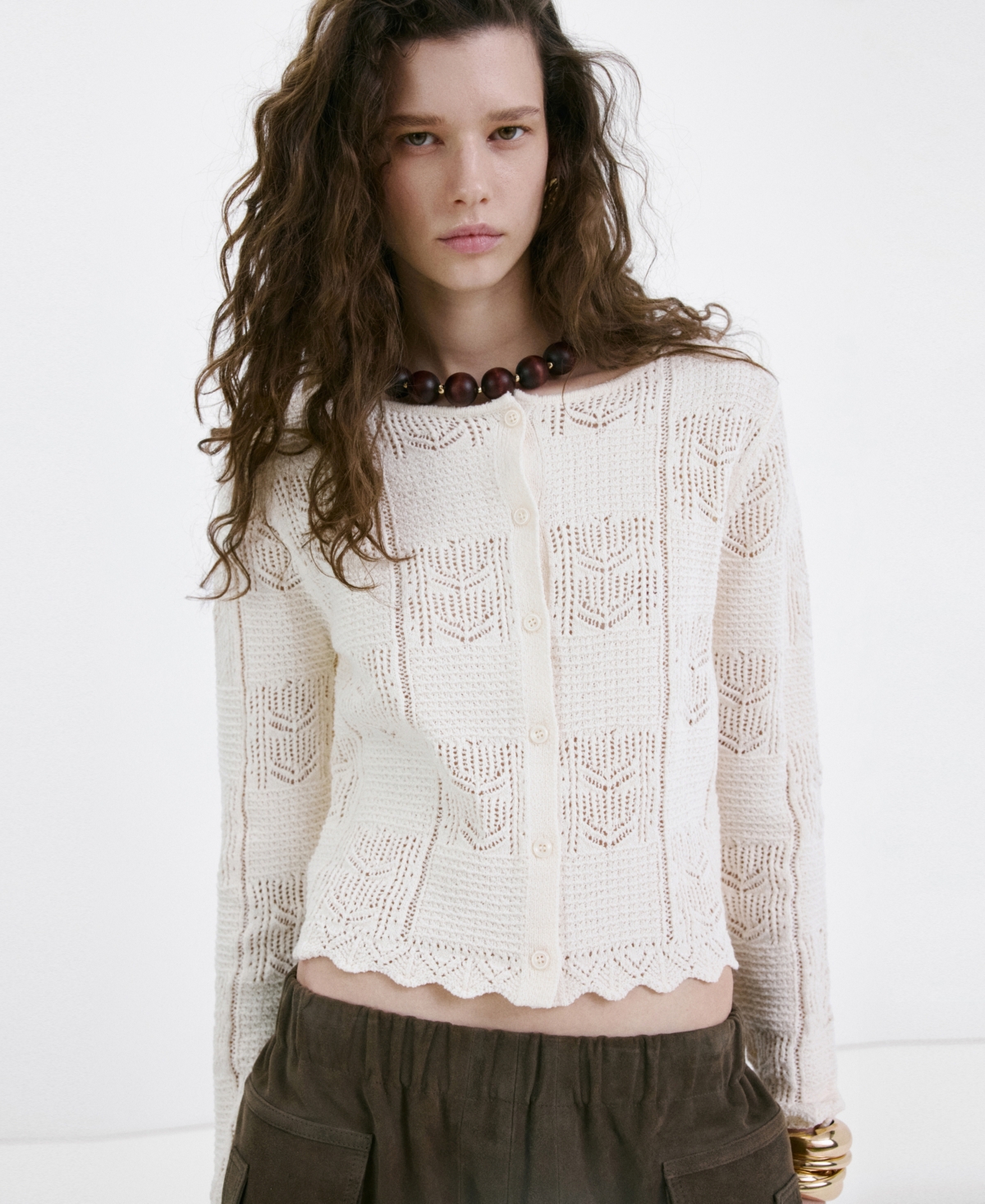 Click here for Mango Womens Openwork Detail Knit Cardigan - Ecru prices