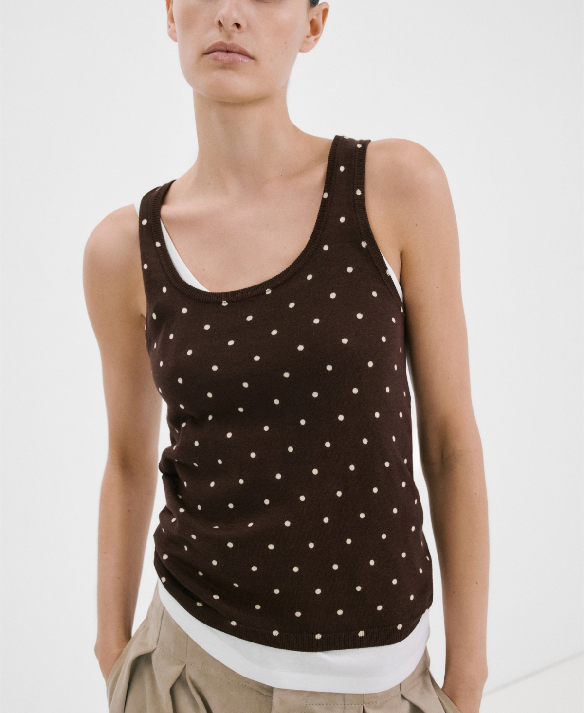 Click here for Mango Womens Polka-Dot Knitted Top - Chocolate prices