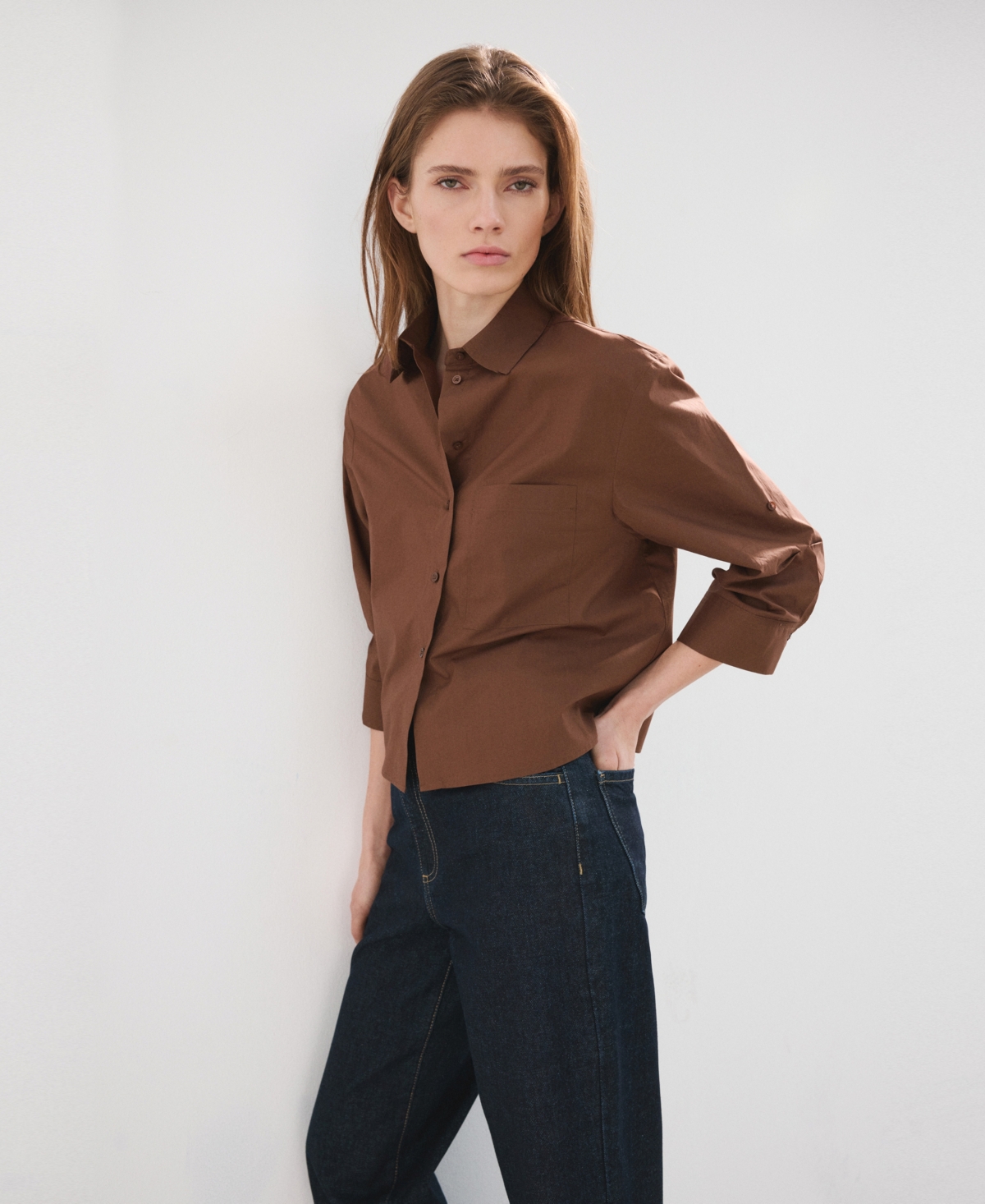 Click here for Mango Womens Chest-Pocket Cotton Shirt - Brown prices