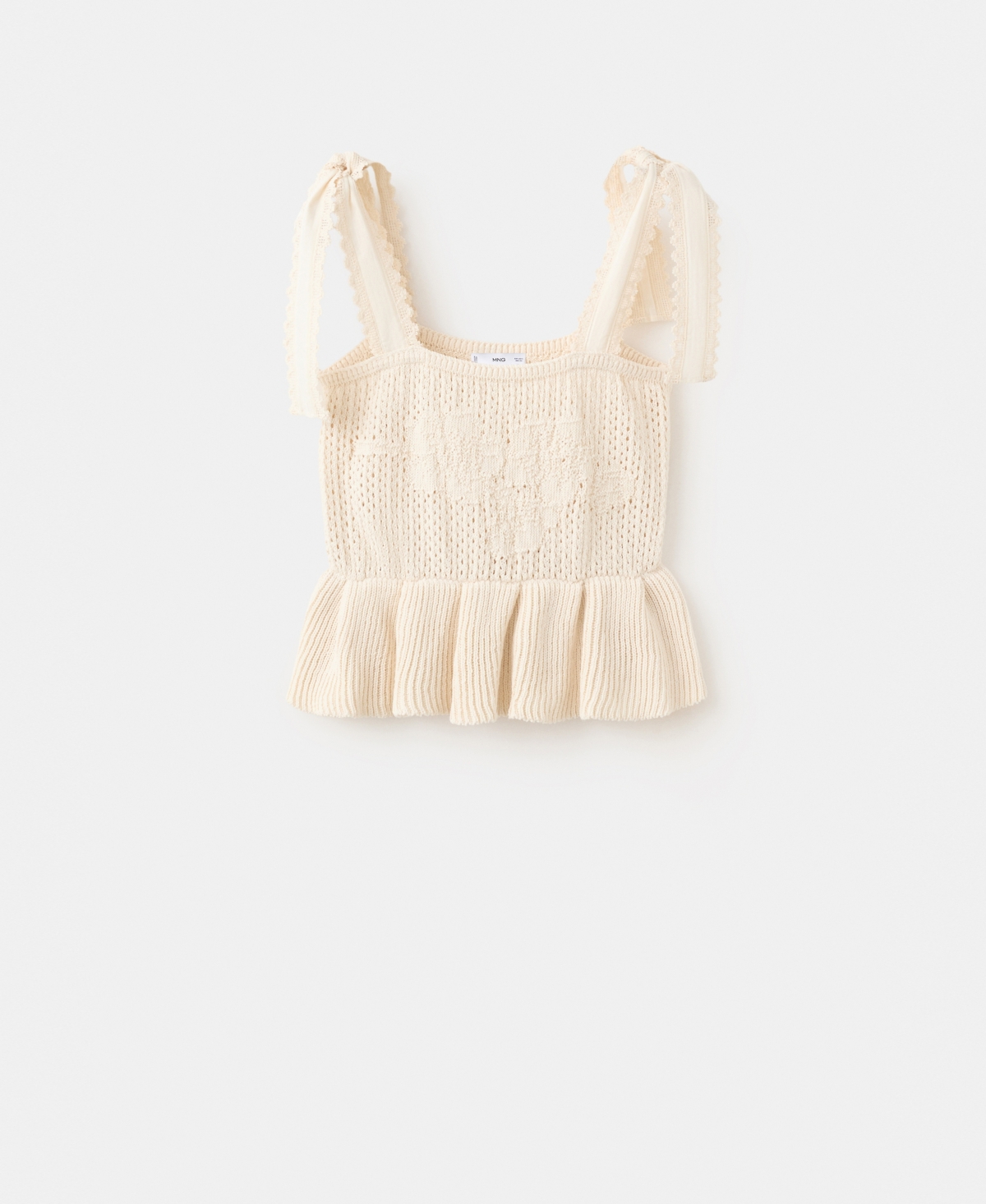 Click here for Mango Womens Openwork Knitted Bow Detail Top - Ecr... prices