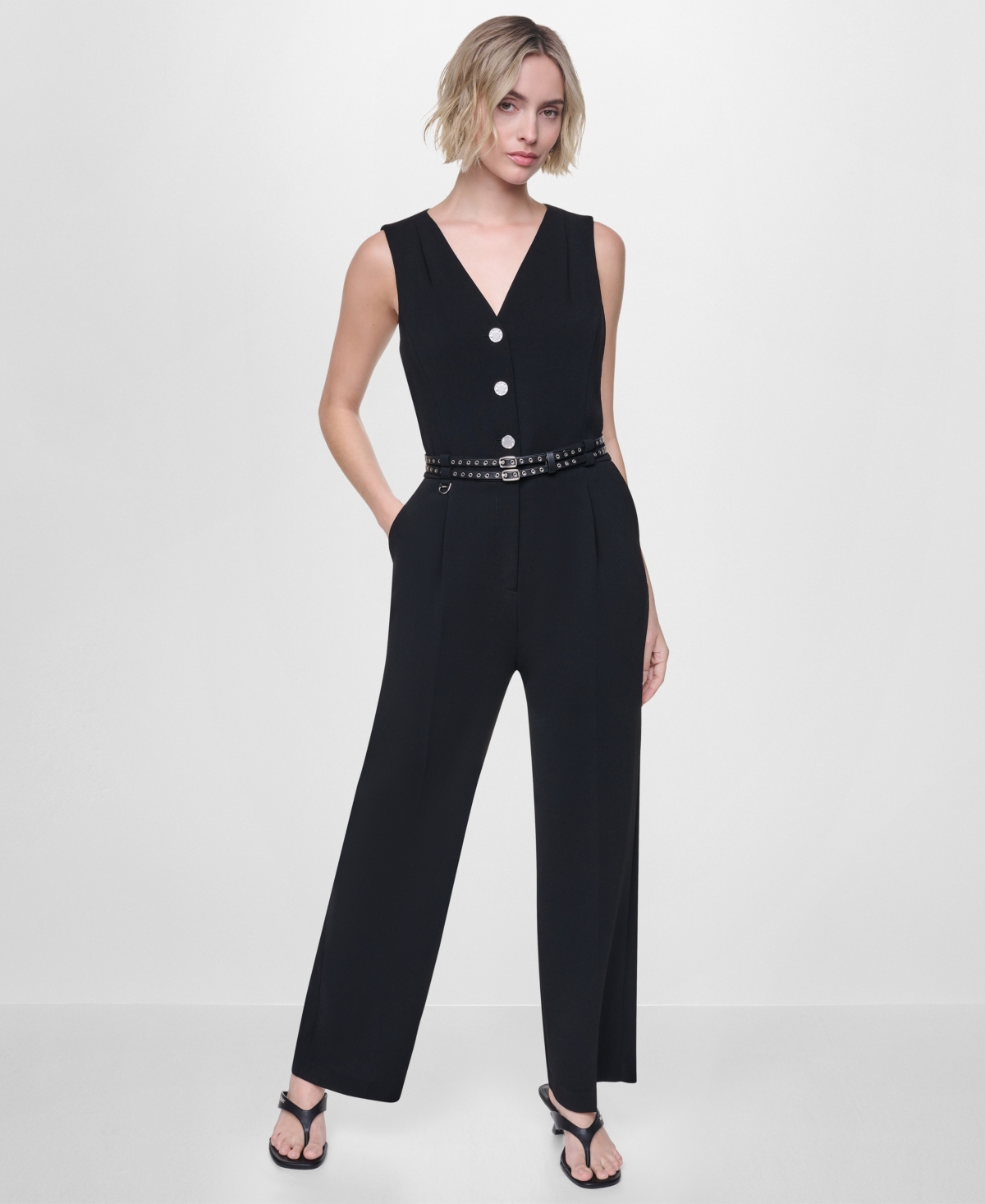 Click here for Dkny Womens Textured Belted Sleeveless Jumpsuit -... prices