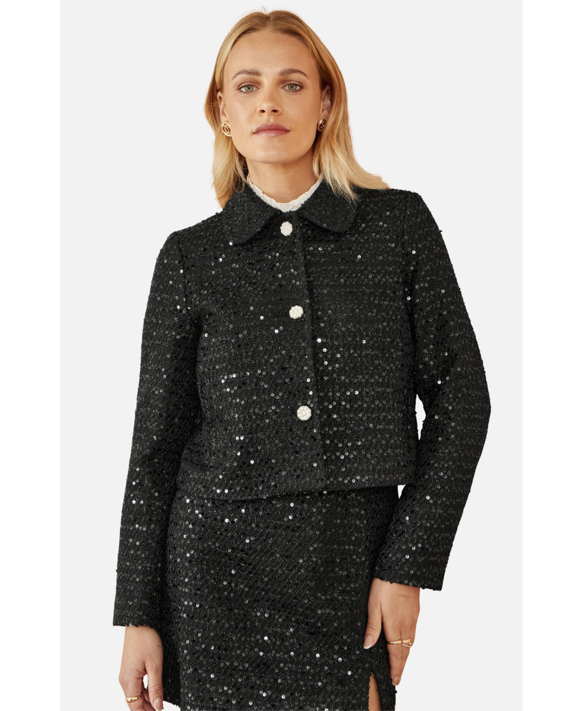 Click here for Yumi Womens Boucle Sequin Jacket - Black prices