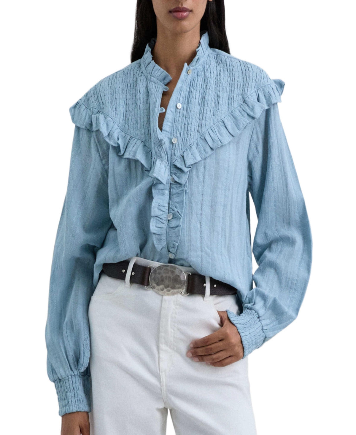 Click here for Scalpers Womens Smockruffle Shirt - Lightblue prices