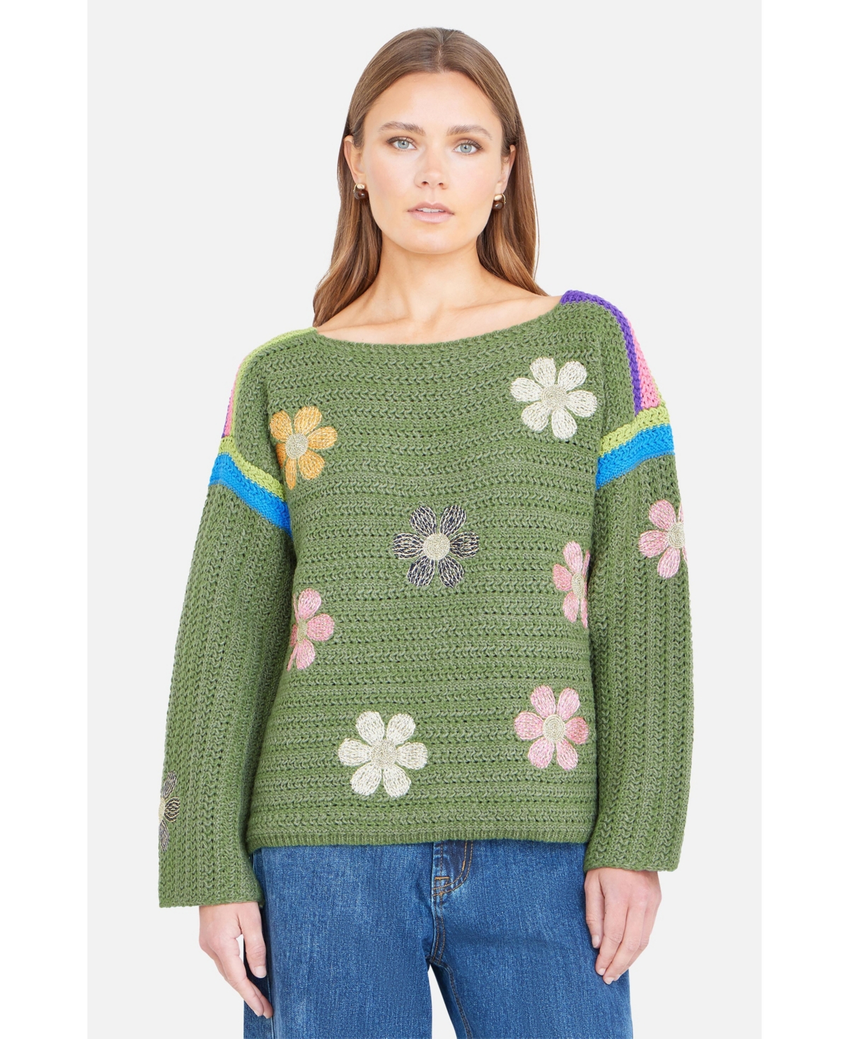 Click here for Yumi Womens Crochet Flower Jumper - Green prices