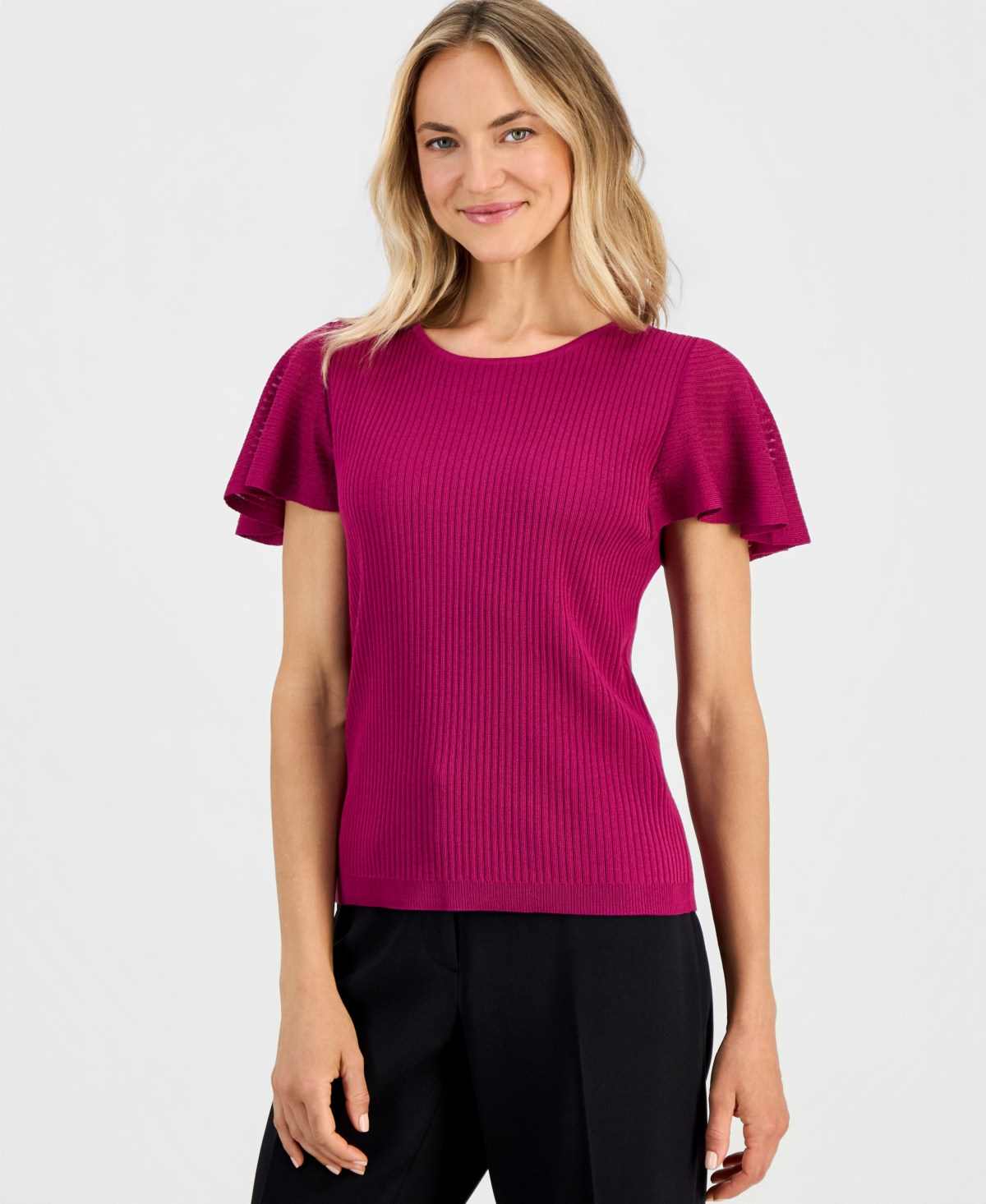 Click here for Kasper Womens Crewneck Flutter-Sleeve Rib-Knit Swe... prices