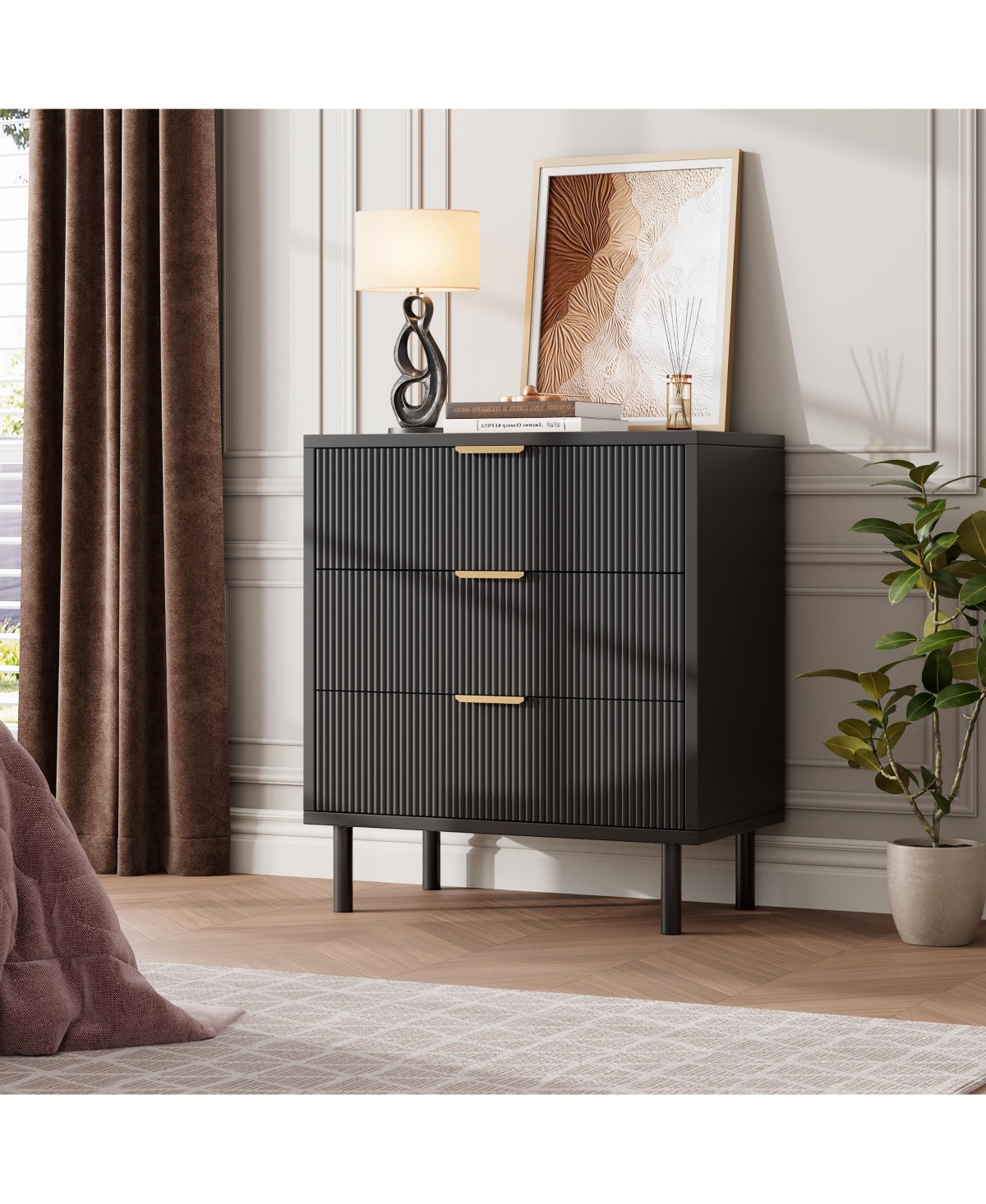 Click here for homfan Modern Fluted 3-Drawer Dresser  Wide Wooden... prices