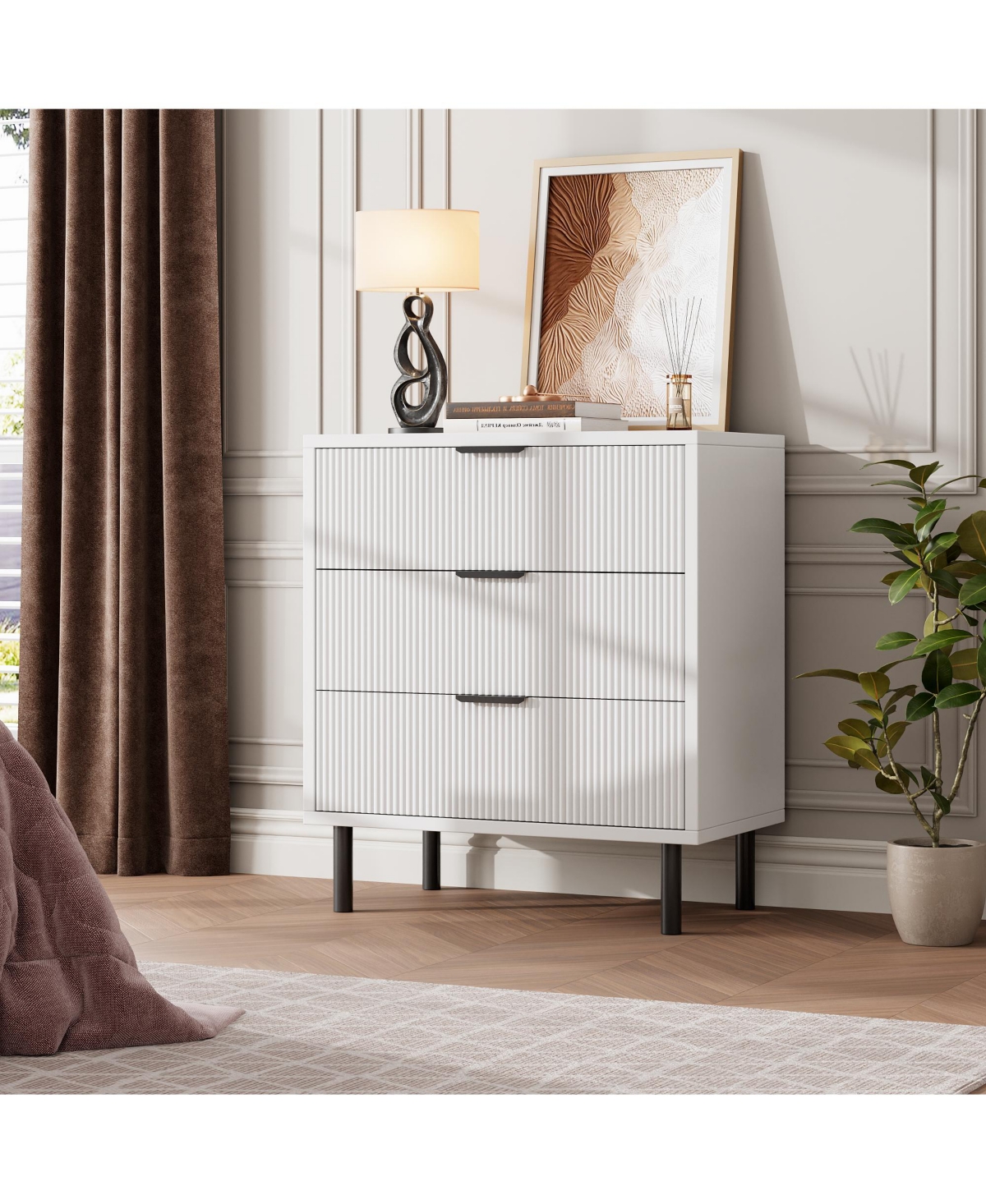 Click here for homfan Modern Fluted 3-Drawer Dresser  Wide Wooden... prices