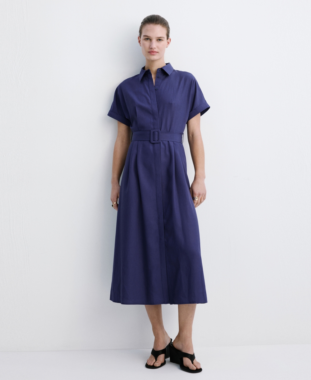 Click here for Mango Womens Belted Lyocell Shirtdress - Dark Navy prices