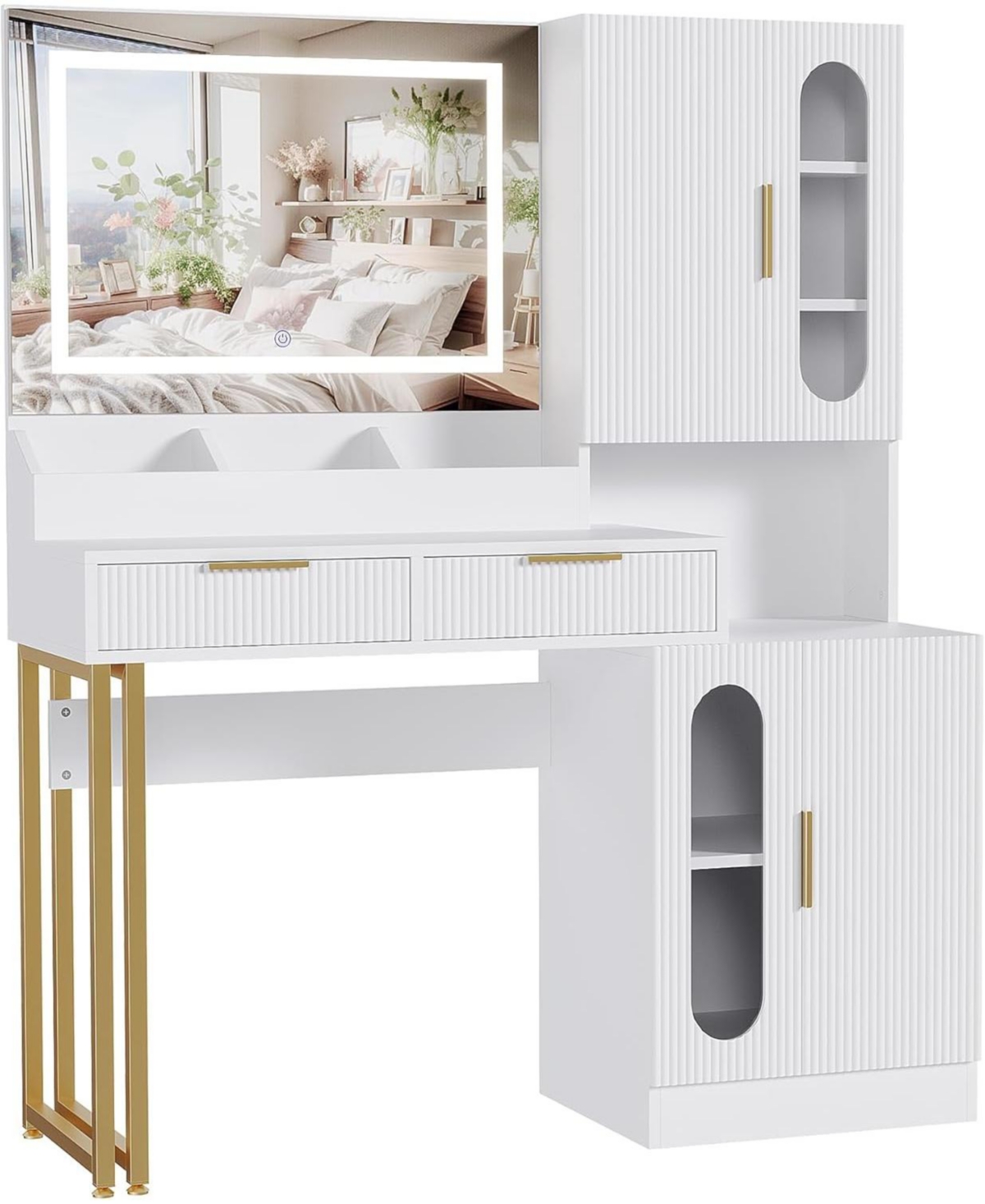 Click here for gaomon Fluted Vanity Desk with Mirror and 3-Color... prices