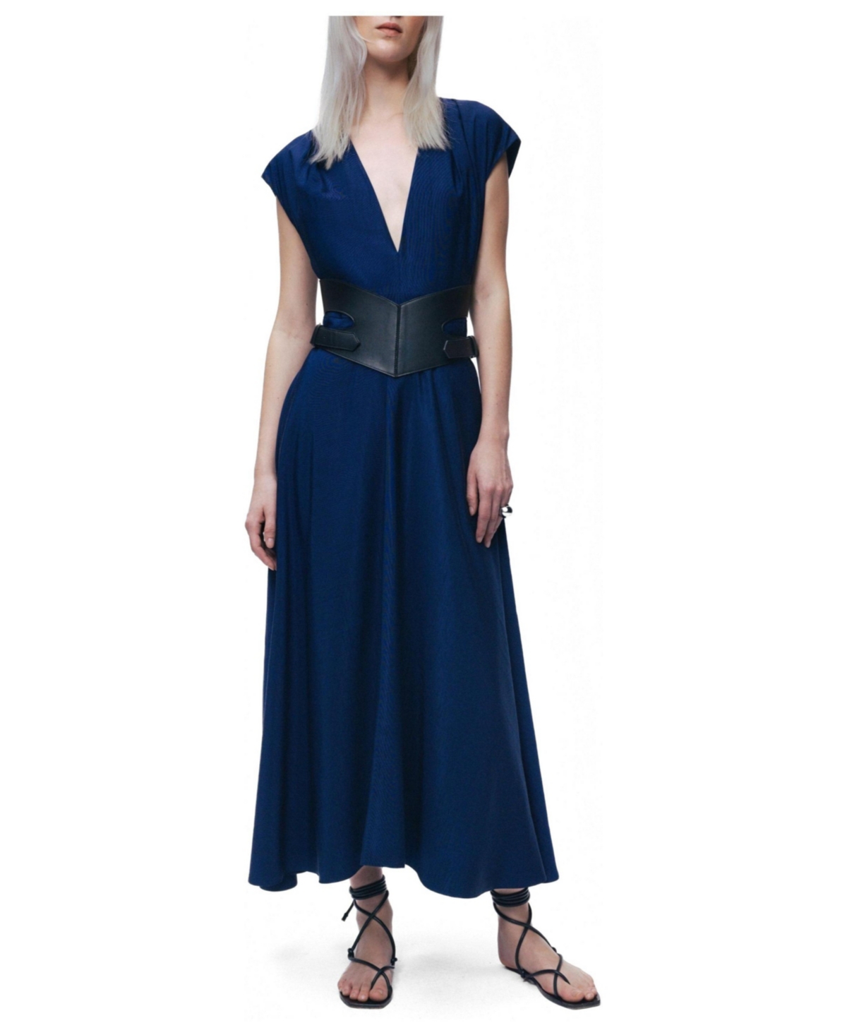 Click here for Nocturne Womens V-Neck Belted Midi Dress - Navy prices