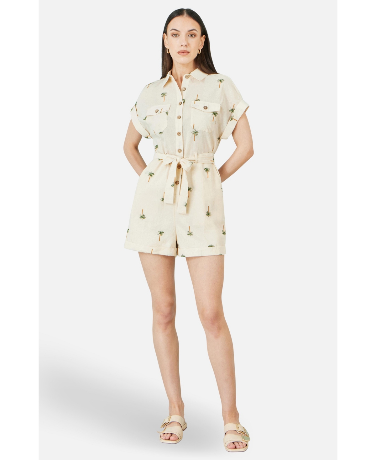 Click here for Yumi Womens Embroidered Palm Print Cotton Playsuit... prices